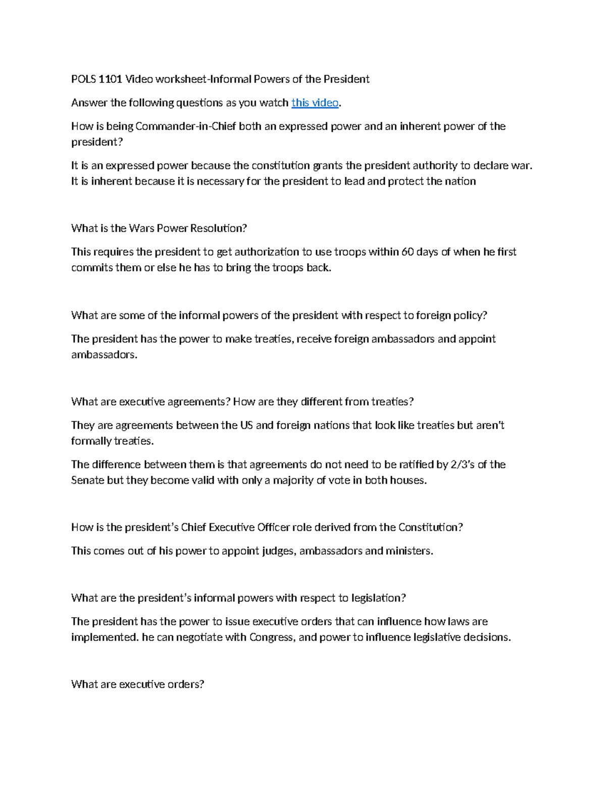 Informal powers of the presidency worksheet - POLS 1101 Video worksheet ...