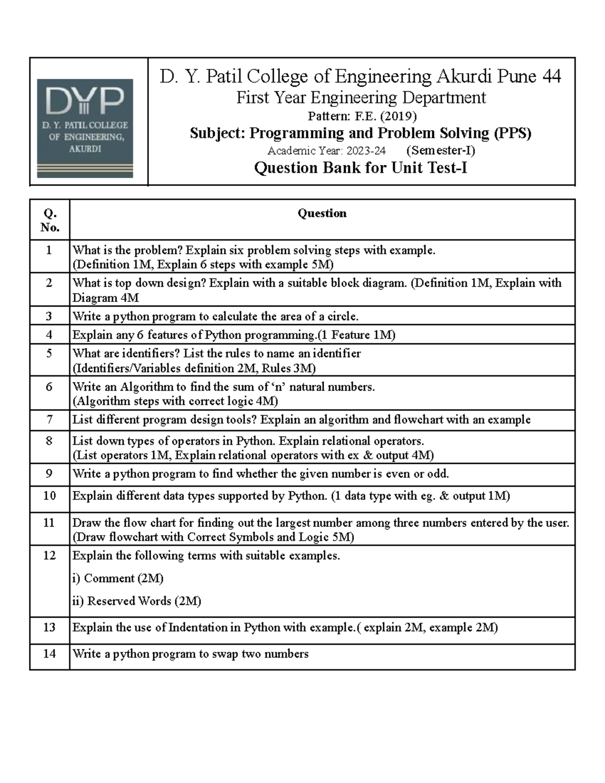 PPS UT-I Q. Bank 2023-24 - D. Y. Patil College of Engineering Akurdi Pune 44 First Year ...