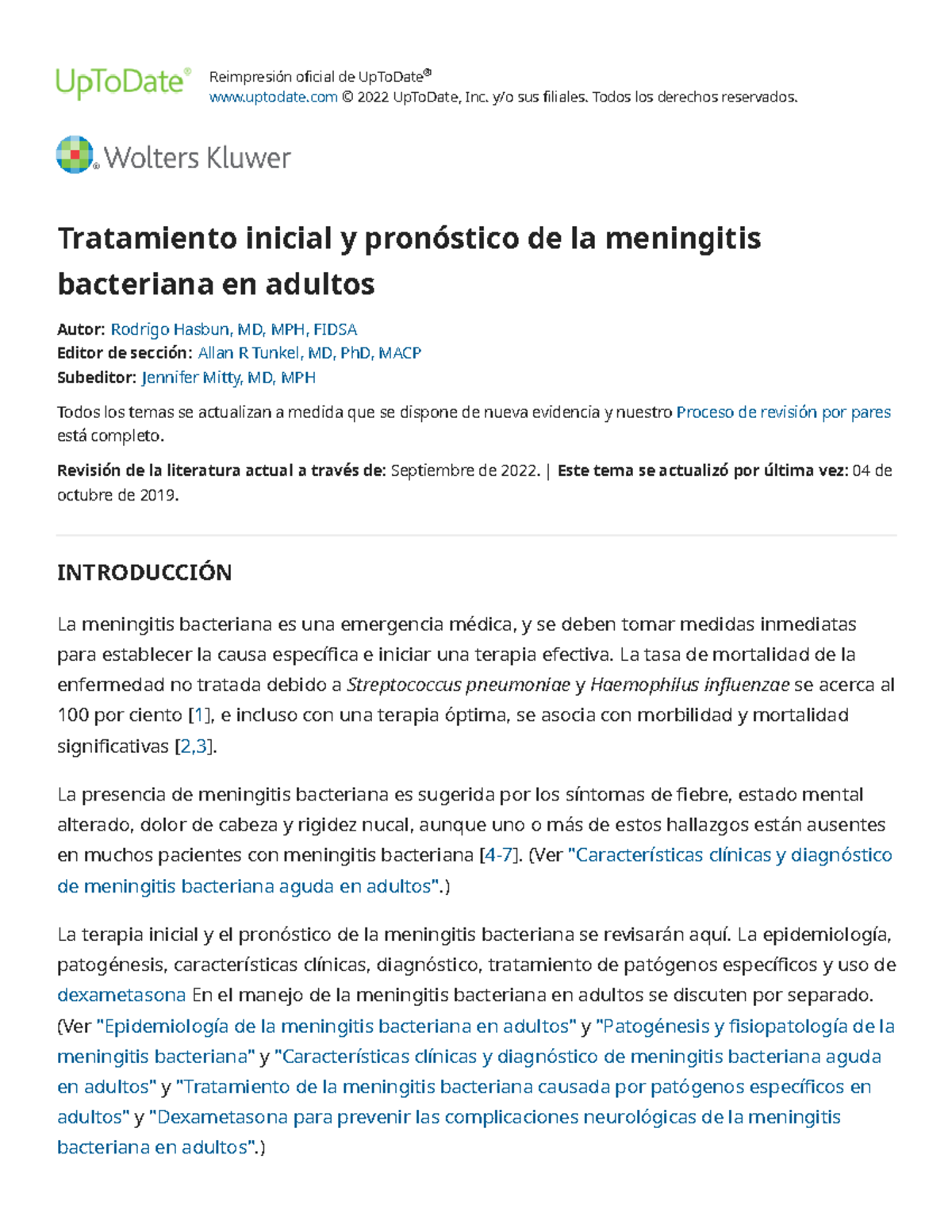 Tratamiento inicial y pronóstico de la meningitis bacteriana en adultos ...