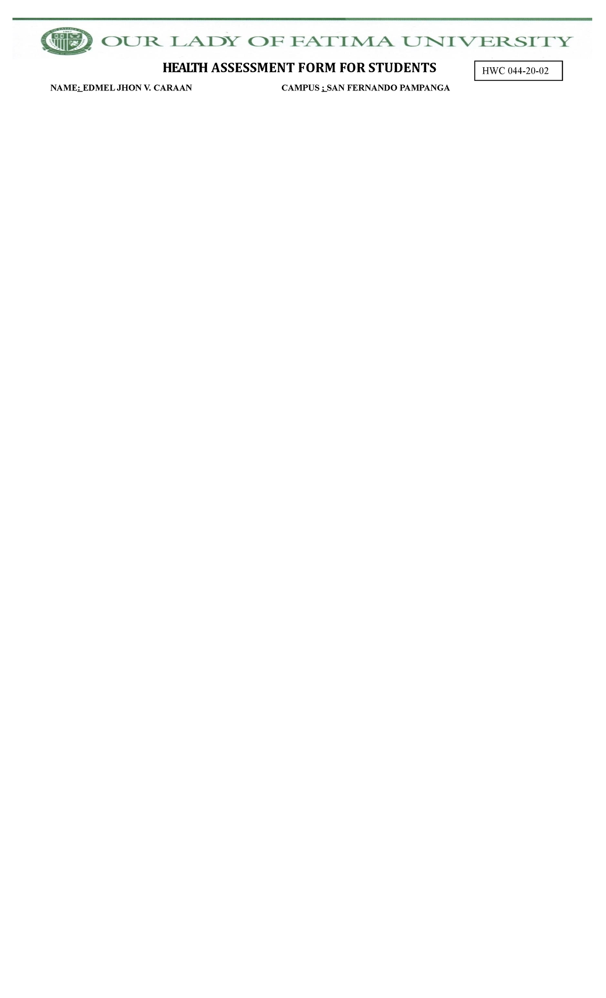 Health Assessment Form for Student 02 1 HEALTH ASSESSMENT FORM FOR