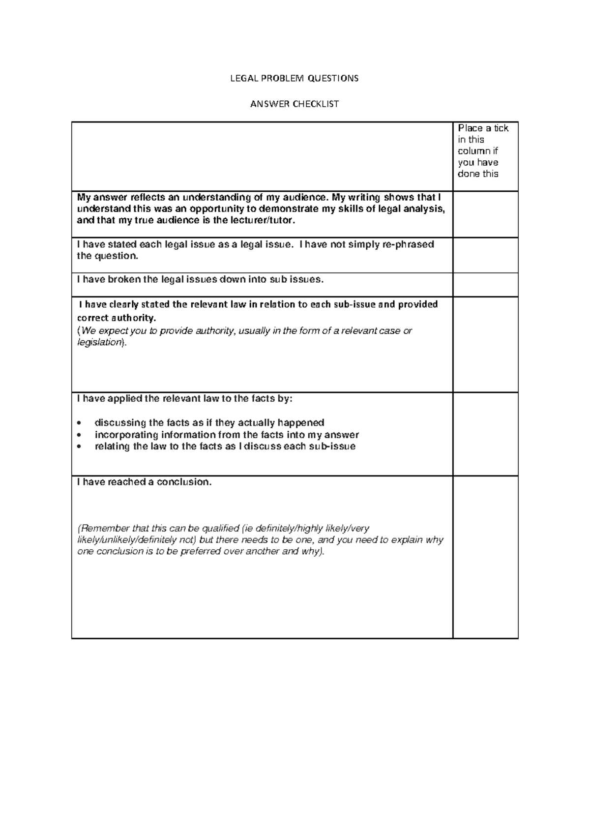 Legal Problem Question checklist 1 - LEGAL PROBLEM QUESTIONS ANSWER ...