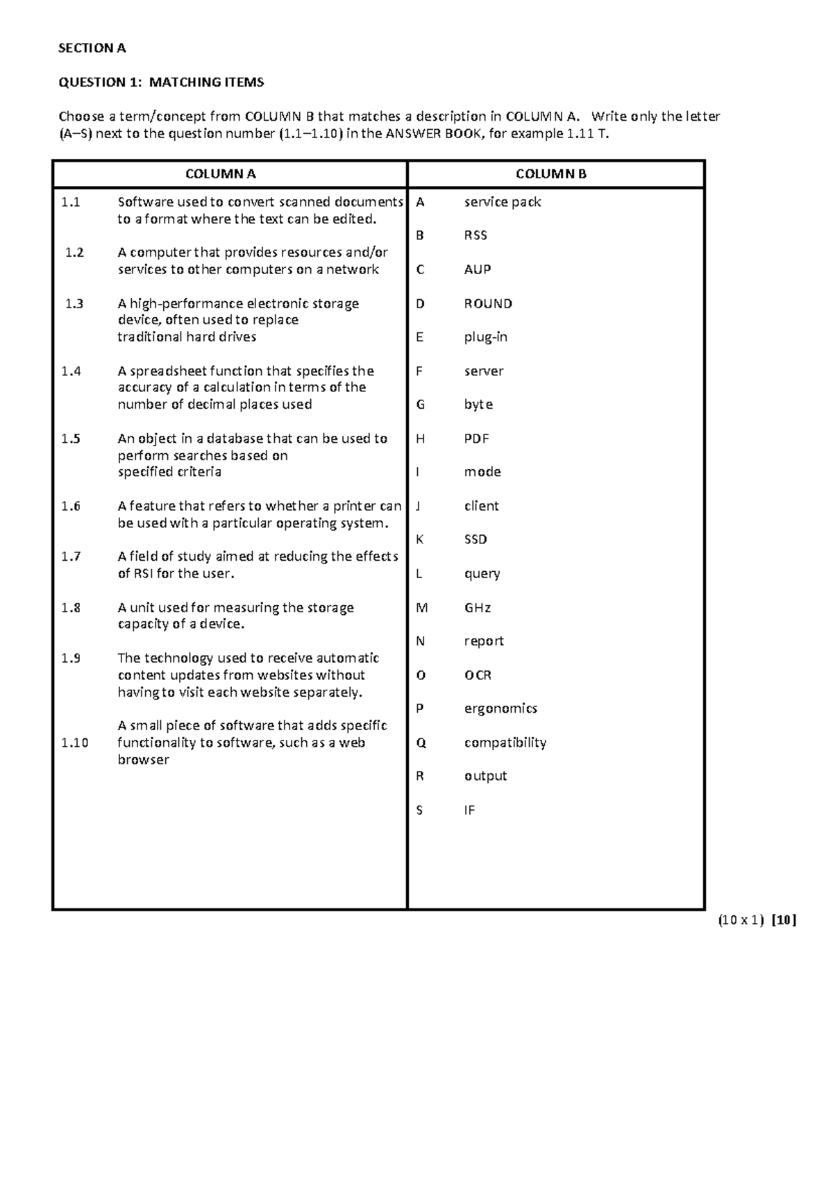 Gr11 Rev P1 - Revision paper - SECTION A QUESTION 1: MATCHING ITEMS ...