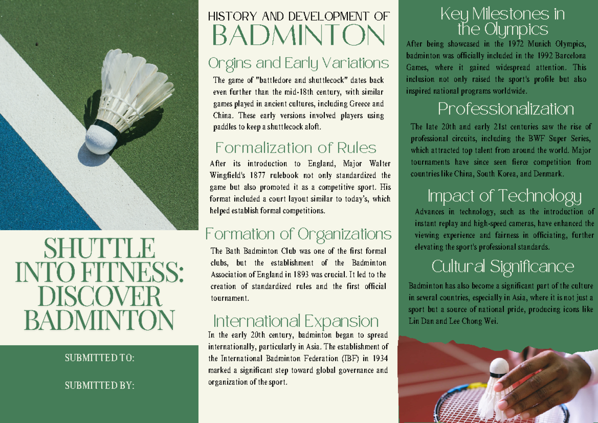 Badminton Brochure - SUBMITTED TO: HISTORY AND DEVELOPMENT OF BADMINTON ...