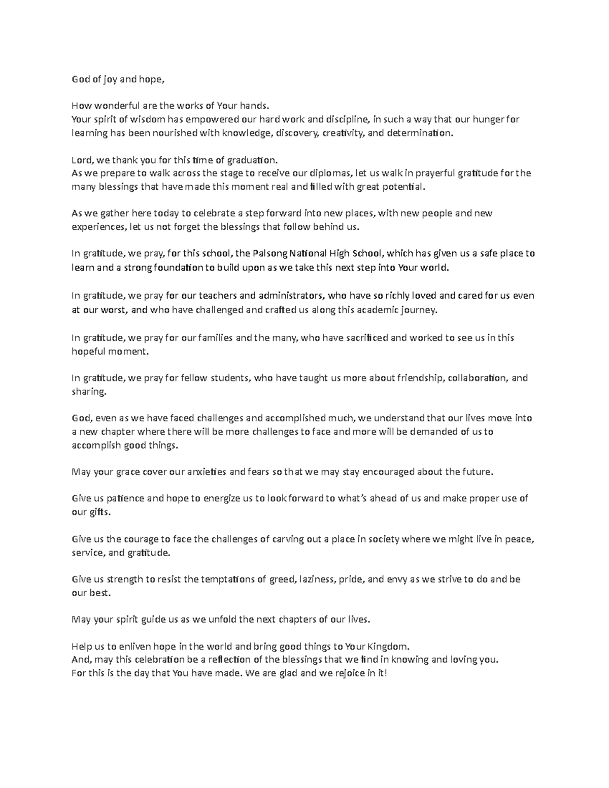 Graduation-Invocation - God of joy and hope, How wonderful are the ...