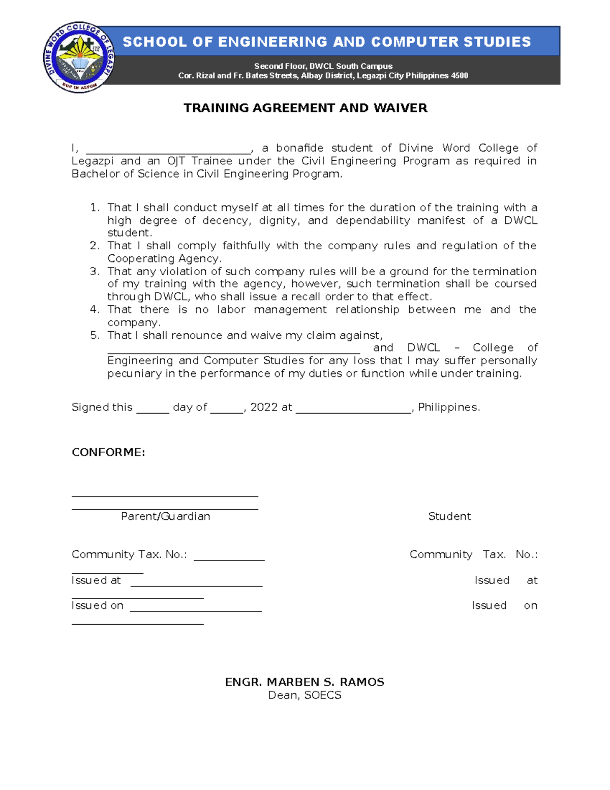 Training Agreement AND Waiver School - Second Floor, DWCL South Campus ...