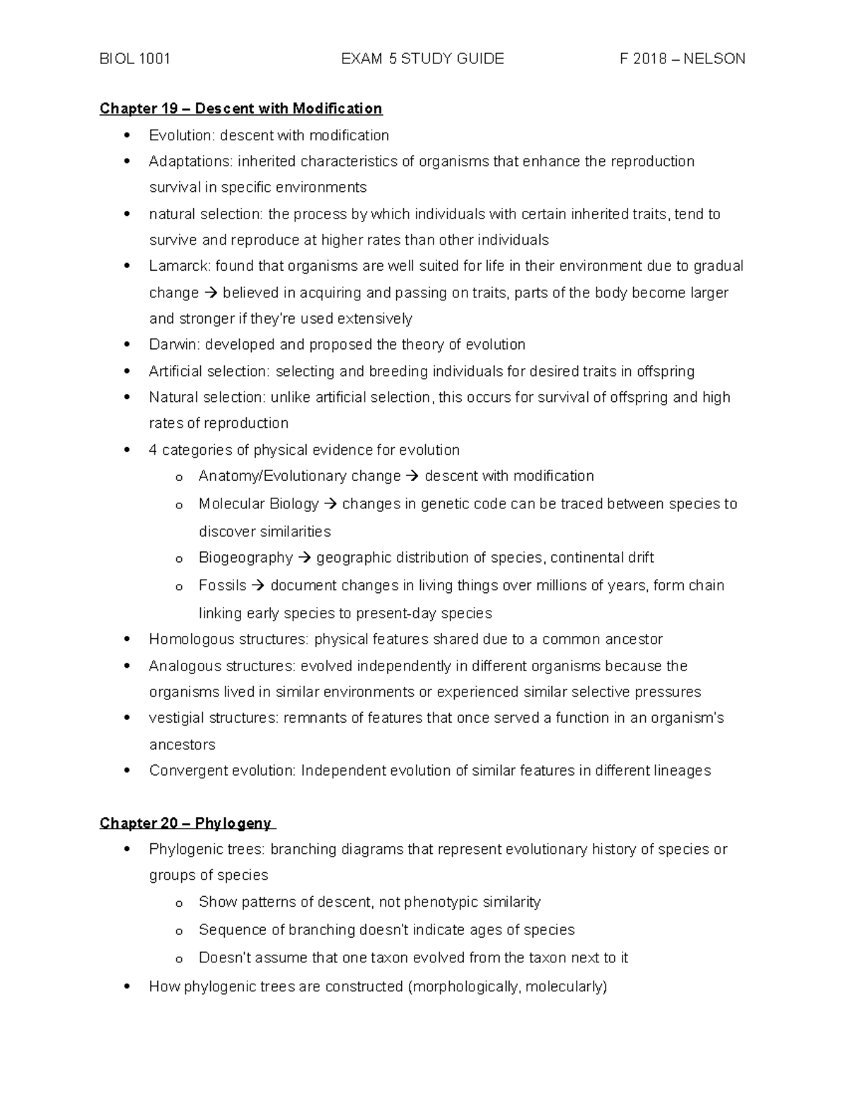 BIO 1001 exam 5 study guide - Chapter 19 – Descent with Modification ...