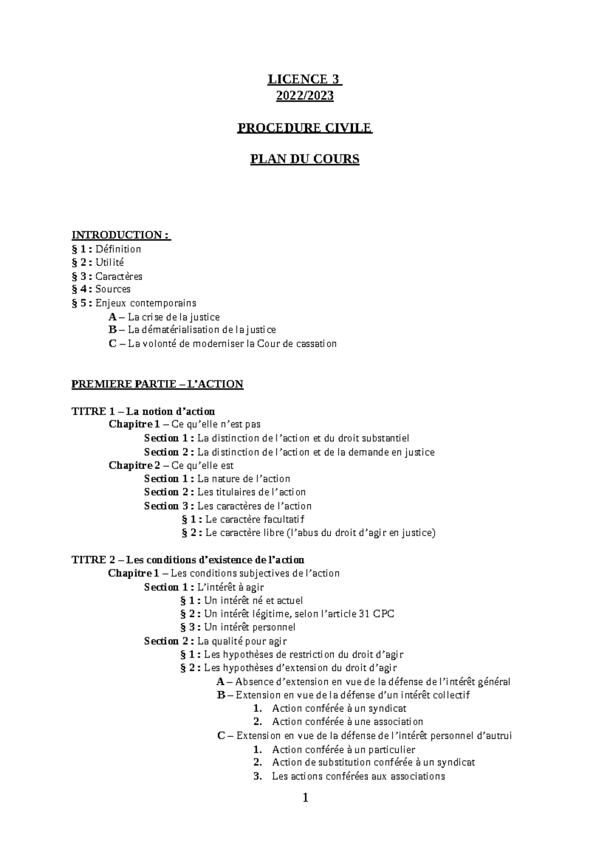 L3-Plan du cours 2022-2023 - LICENCE 3 2022 /202 3 PROCEDURE CIVILE ...