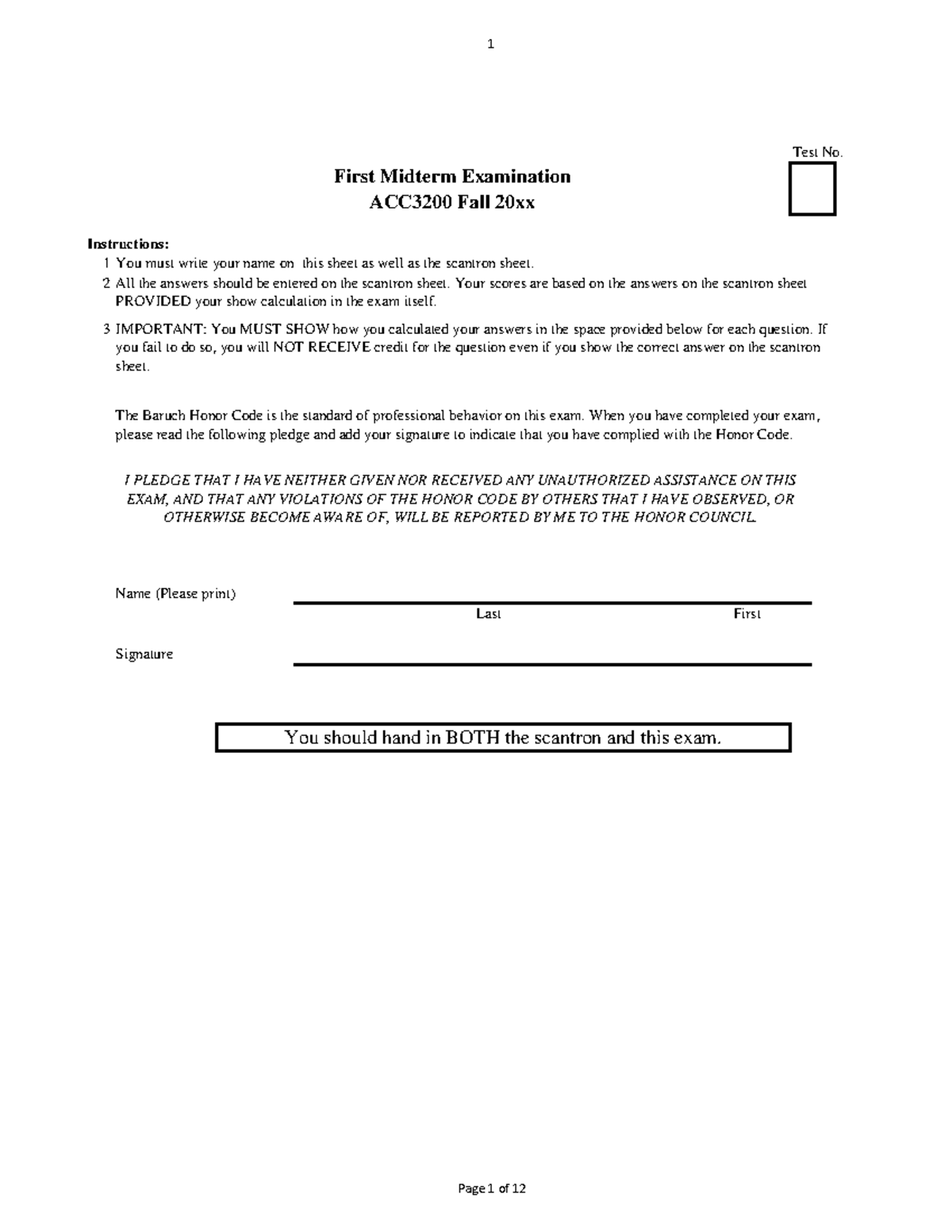 Practice Midterm 1 - Test No. Instructions: 1 You must write your name ...