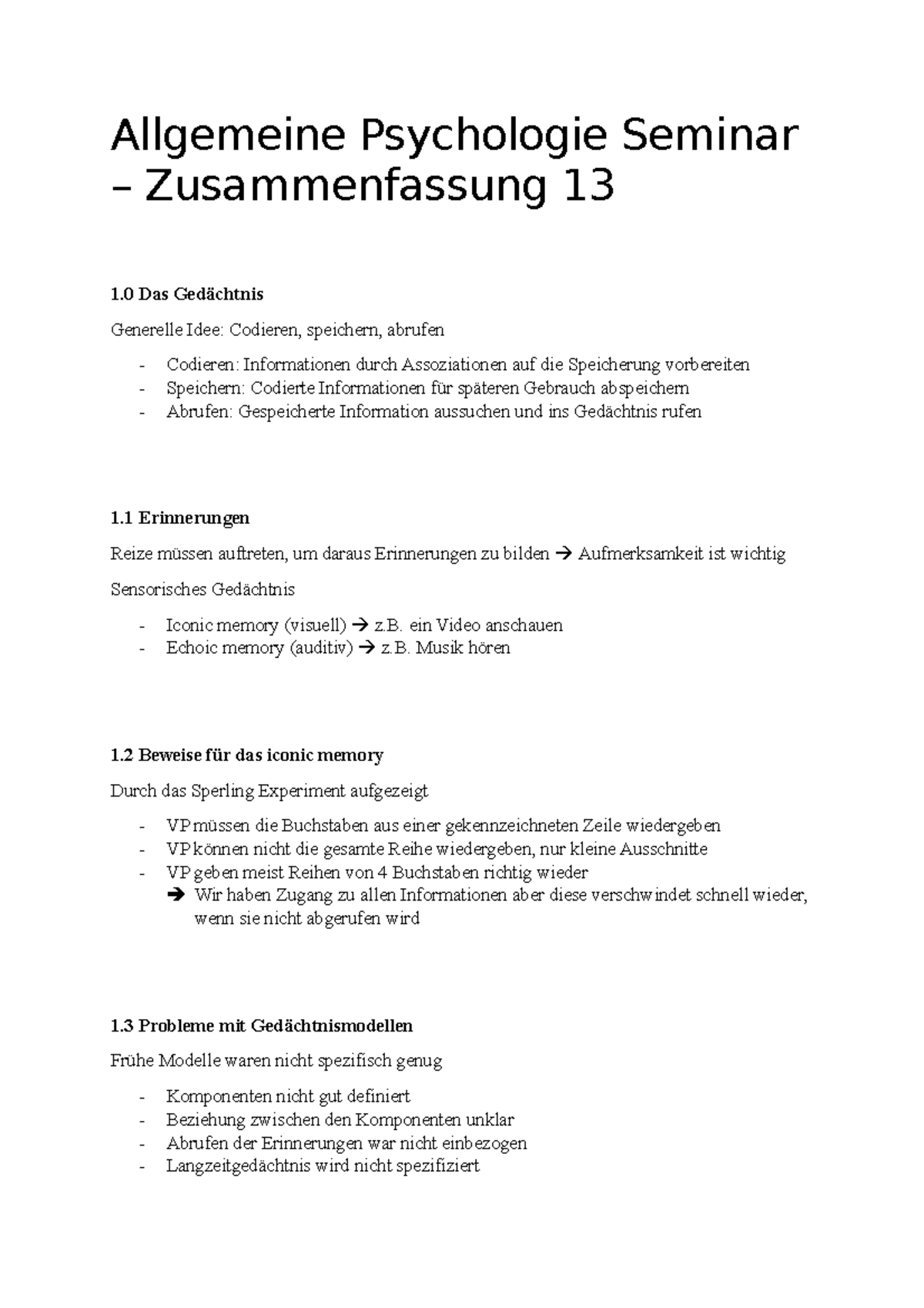 13. Zusammenfassung 13 Allgemeine Psychologie Seminar - Allgemeine Psychologie Seminar – - Studocu