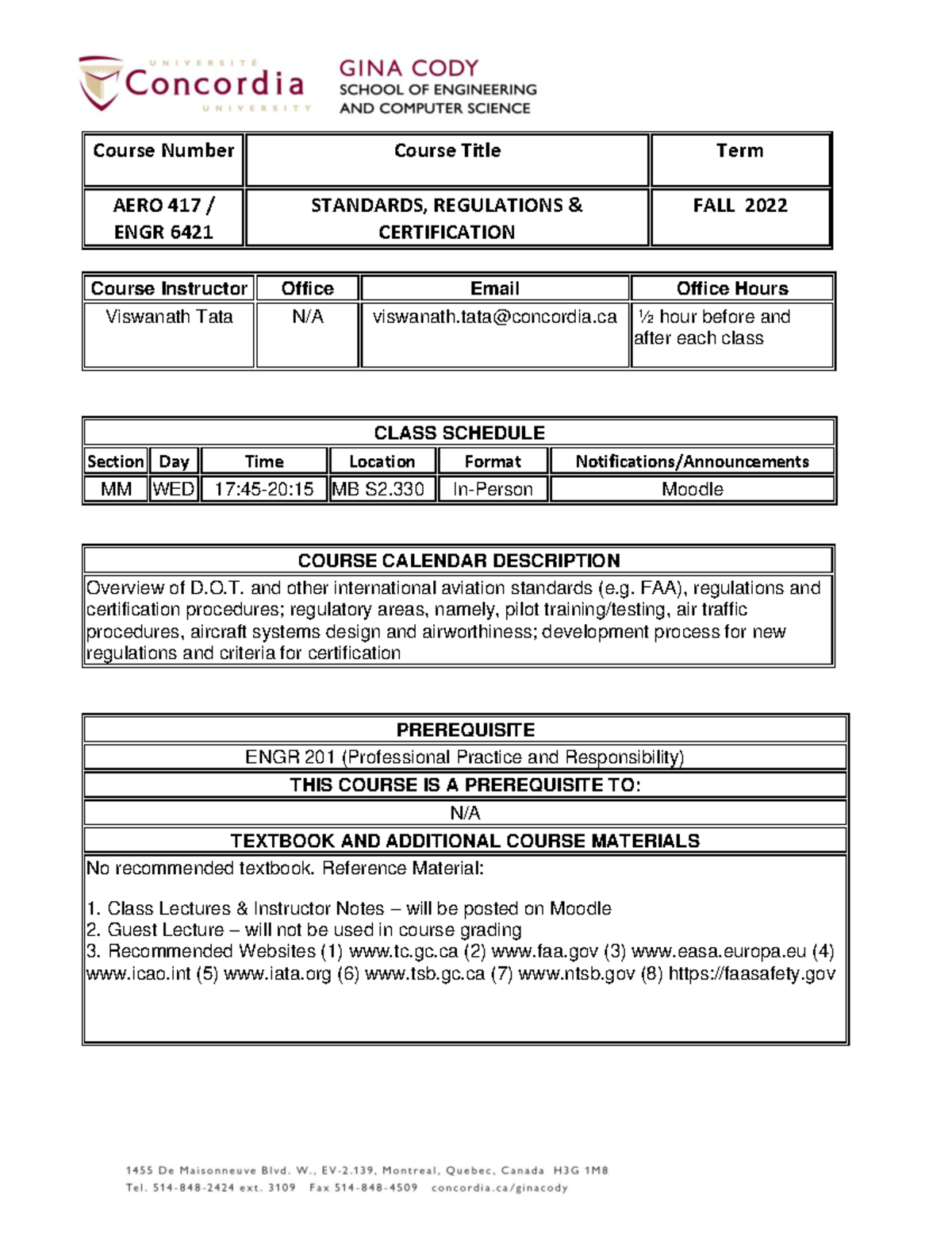AERO 417 - ENGR 6421 Course Outline (Fall 2022) - Course Number Course ...