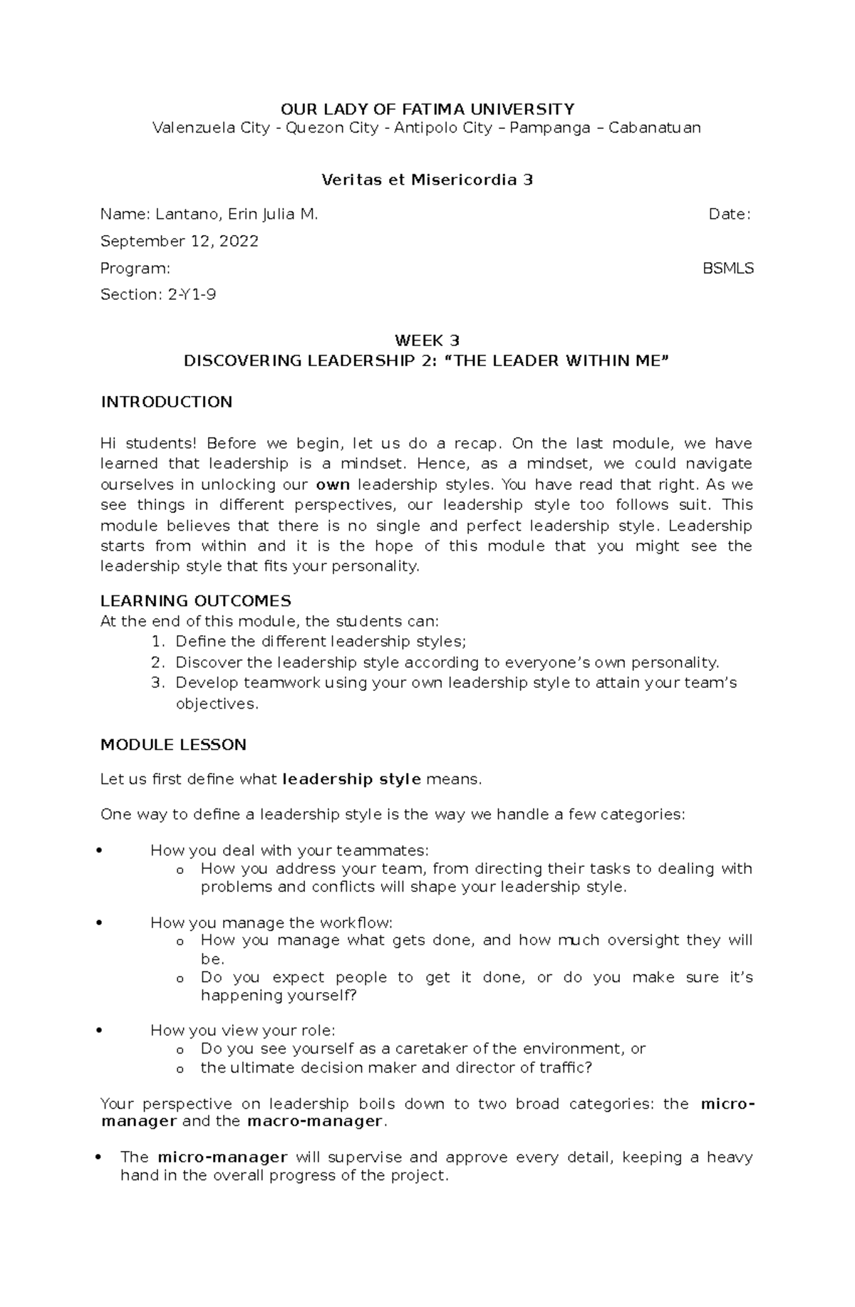 VM211 Module 3 Discovering Leadership 2 (Final) - OUR LADY OF FATIMA ...