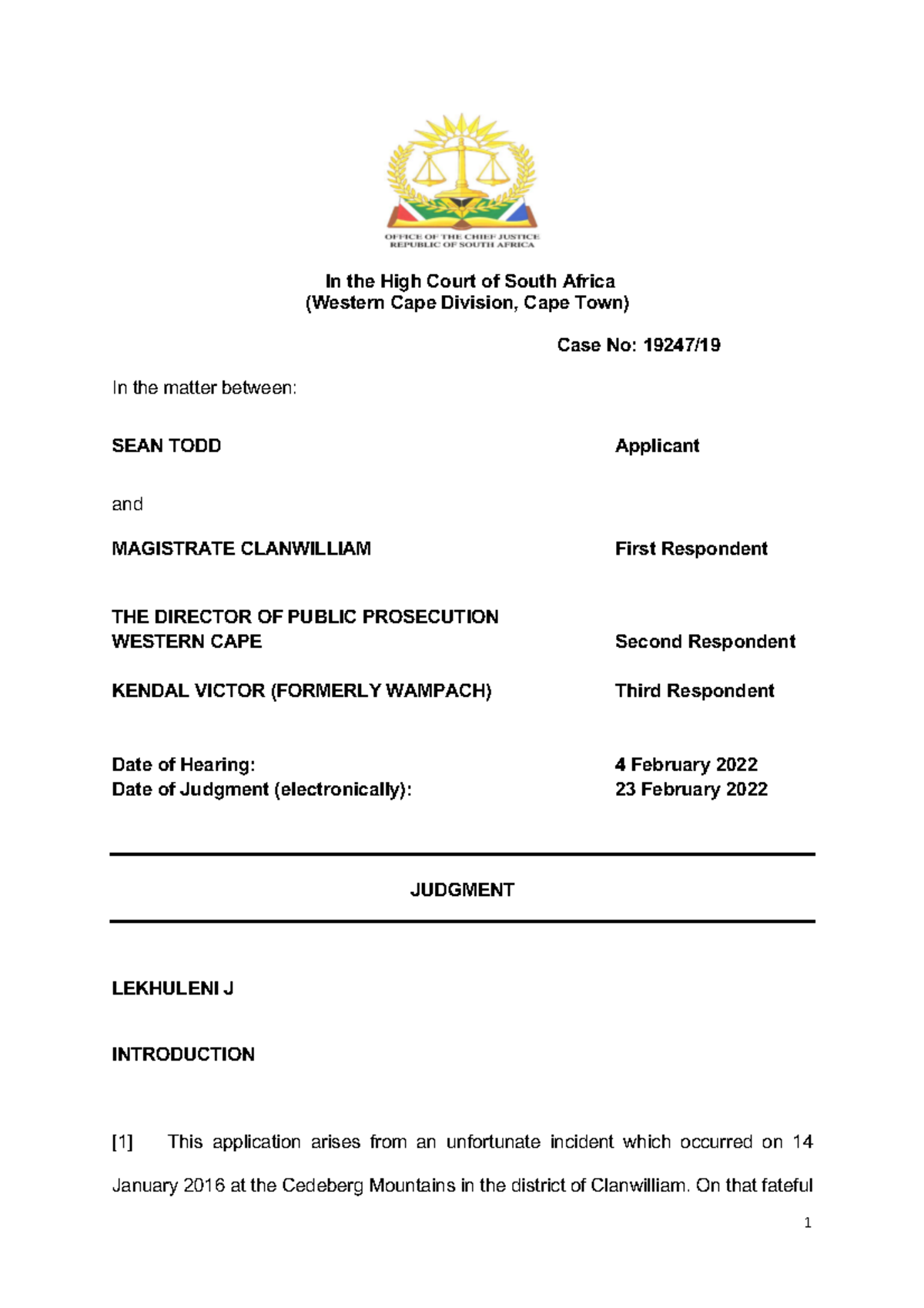 Inquest - Case Law - In the High Court of South Africa (Western Cape ...