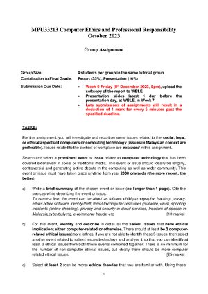 MPU33213 Tutorial 1Q - MPU Computer Ethics and Professional Responsibility Tutorial 1 ...