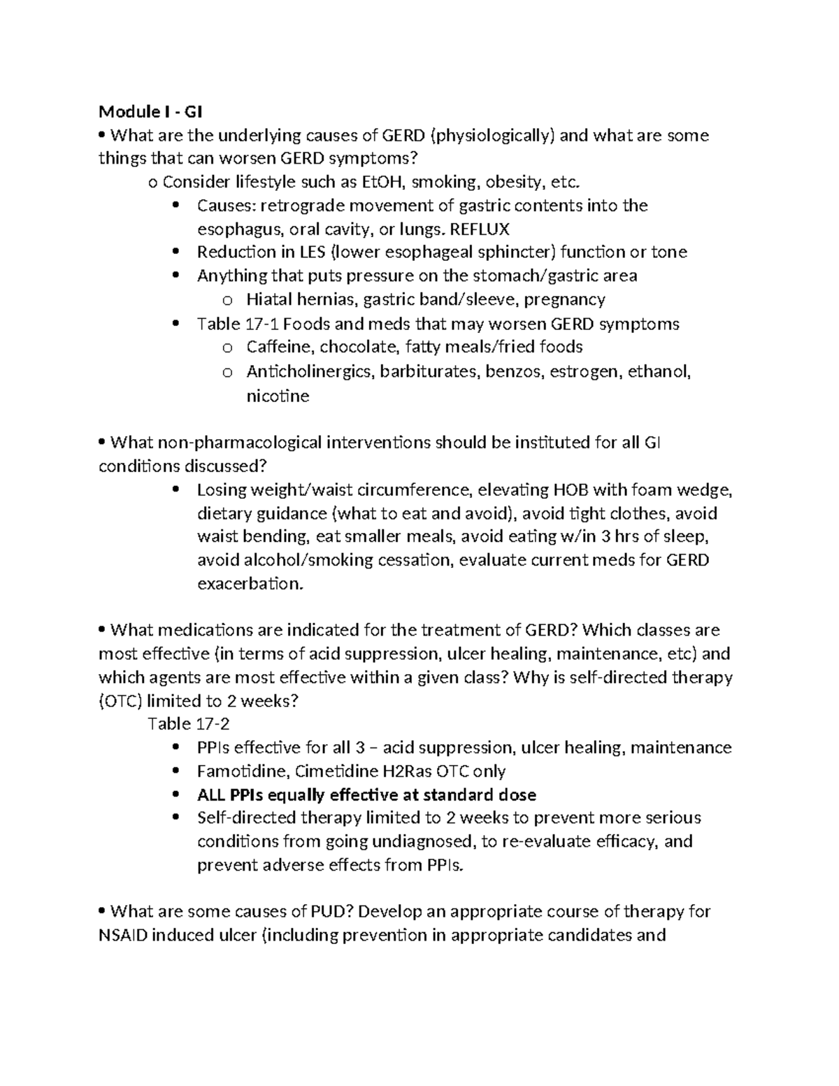 Study Guide Module 1-4 - Pharm - Module I - GI What are the underlying ...