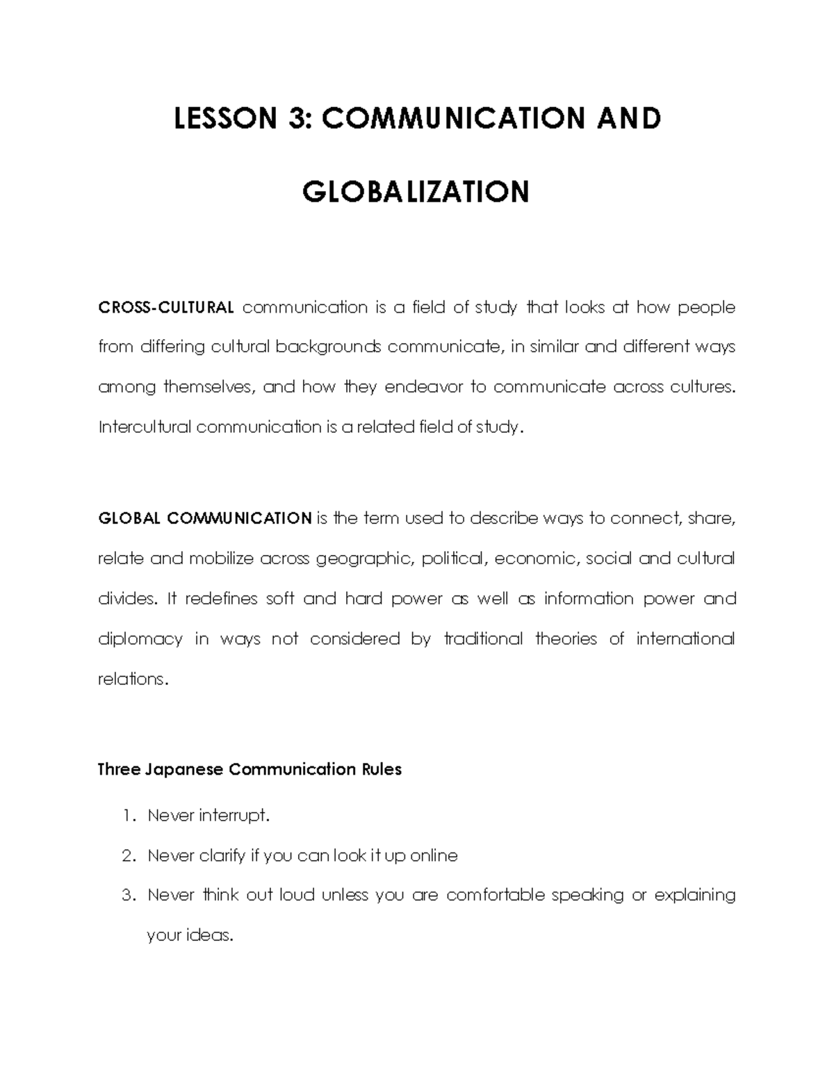 Lesson 3 Communication AND Globalization - LESSON 3: COMMUNICATION AND ...