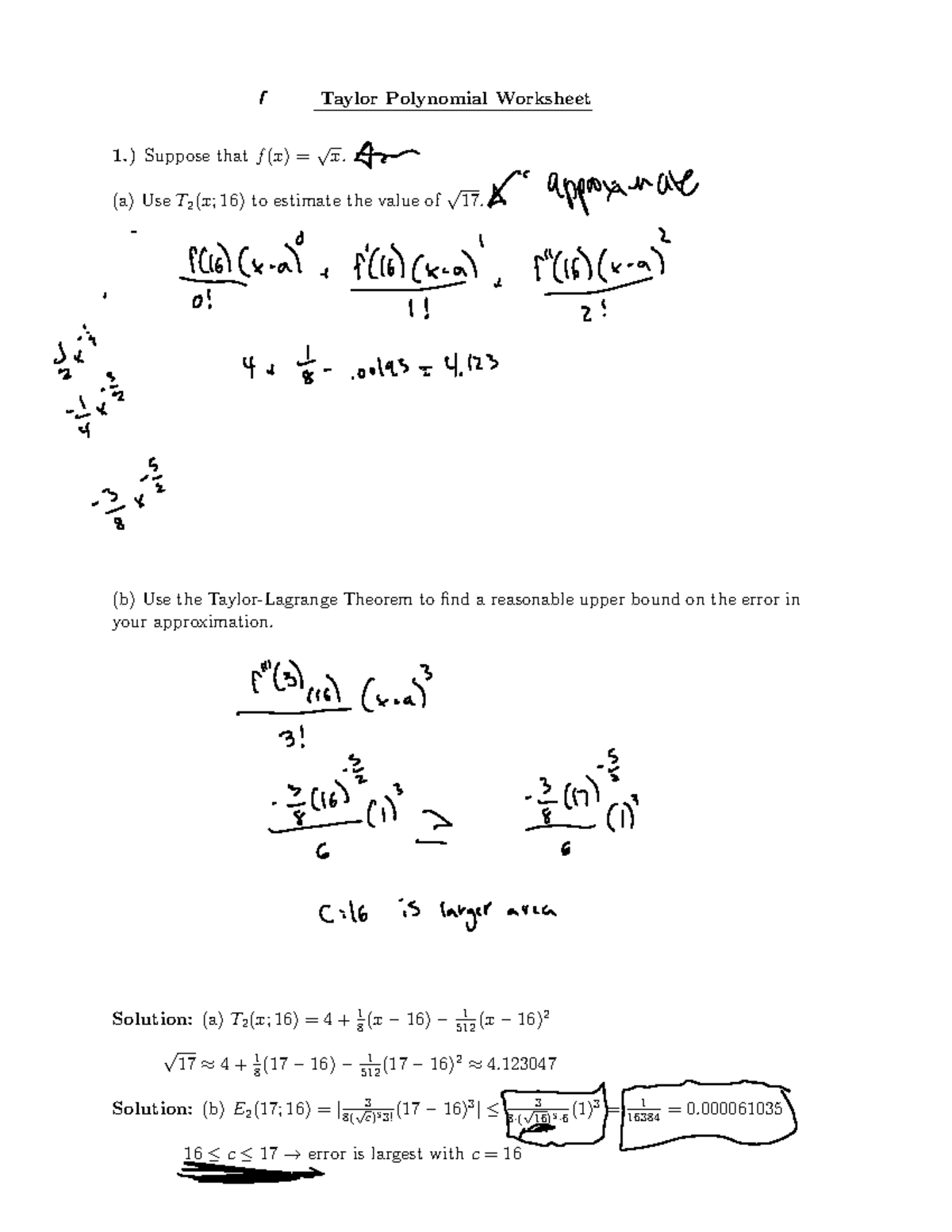 Taylor+Series+Worksheet - Taylor Polynomial Worksheet 1.)Suppose thatf ...