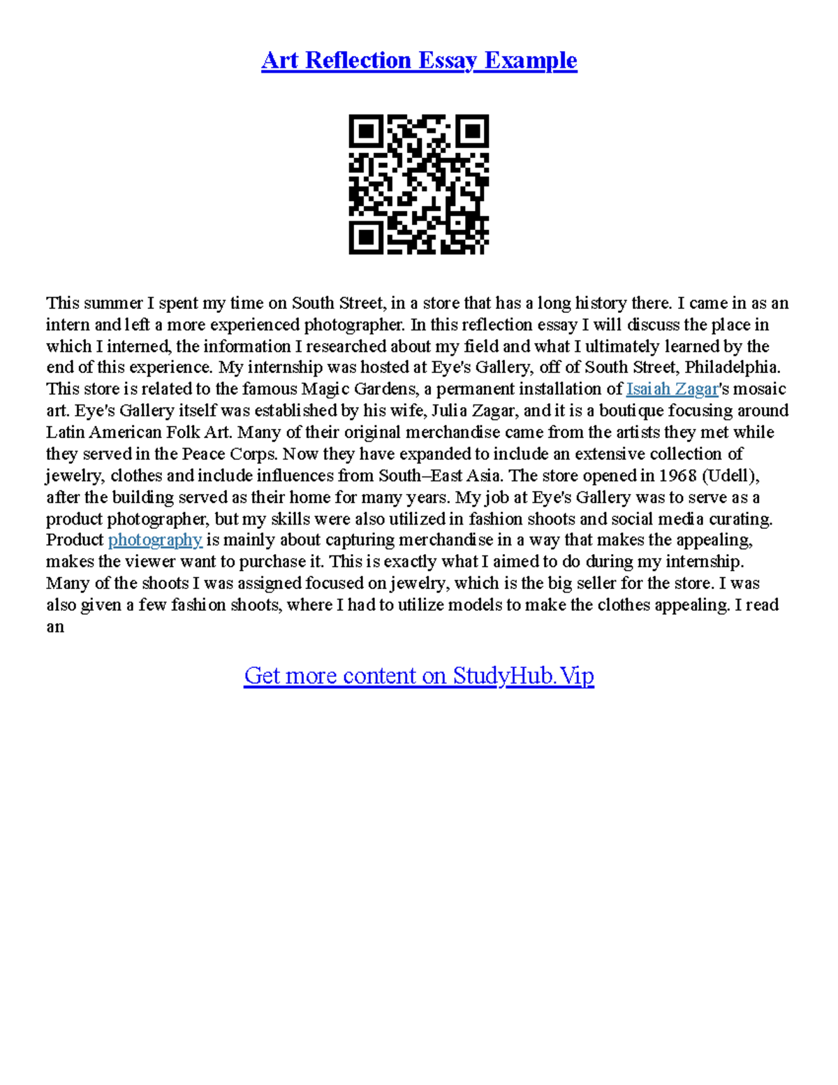 Reflection Essays Sample - Art Reflection Essay Example This summer I ...