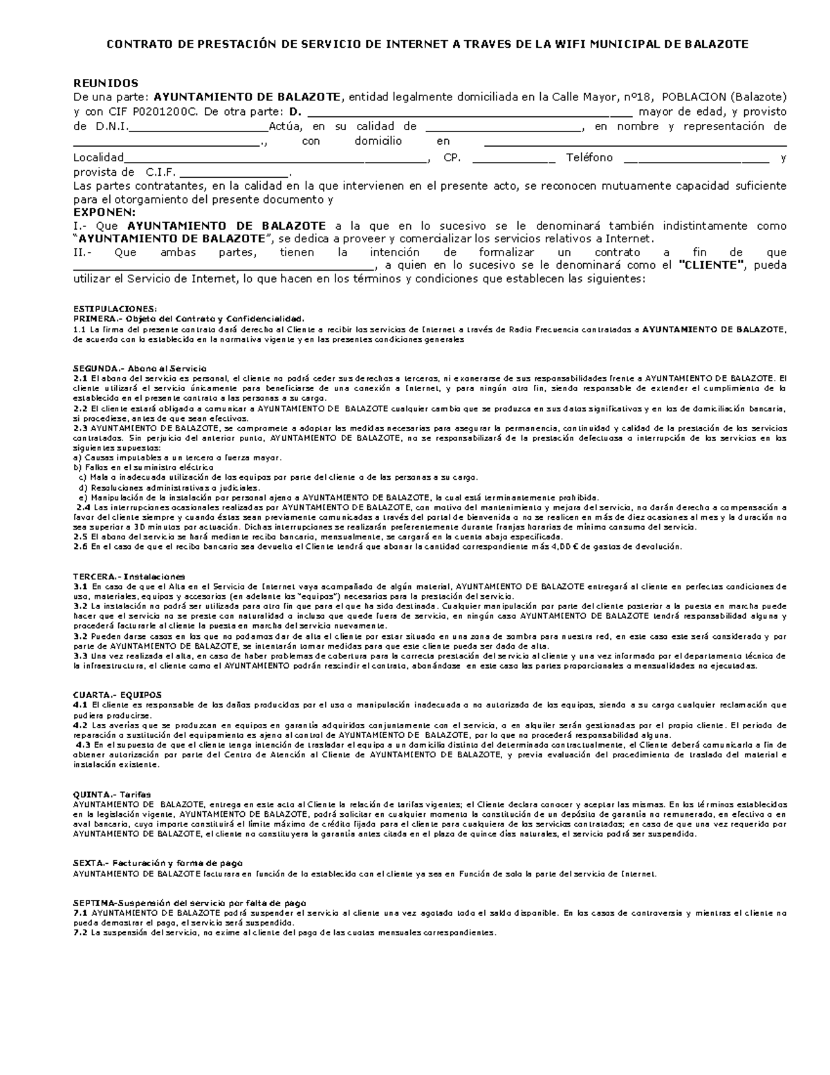 090 Contrato Wi Fi Balazote - CONTRATO DE PRESTACIÓN DE SERVICIO DE ...
