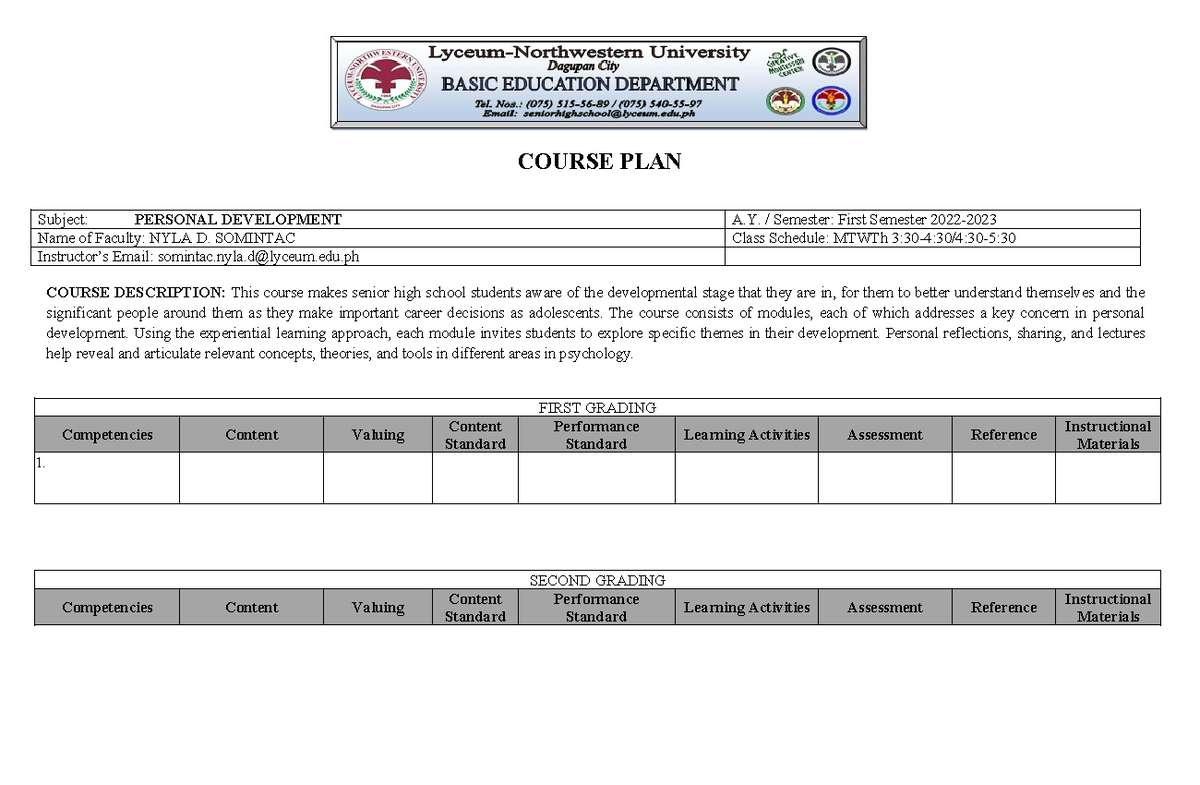 Course-Plan Per Dev - LYCEUM-NORTHWESTERN UNIVERSITY BASIC EDUCATION ...