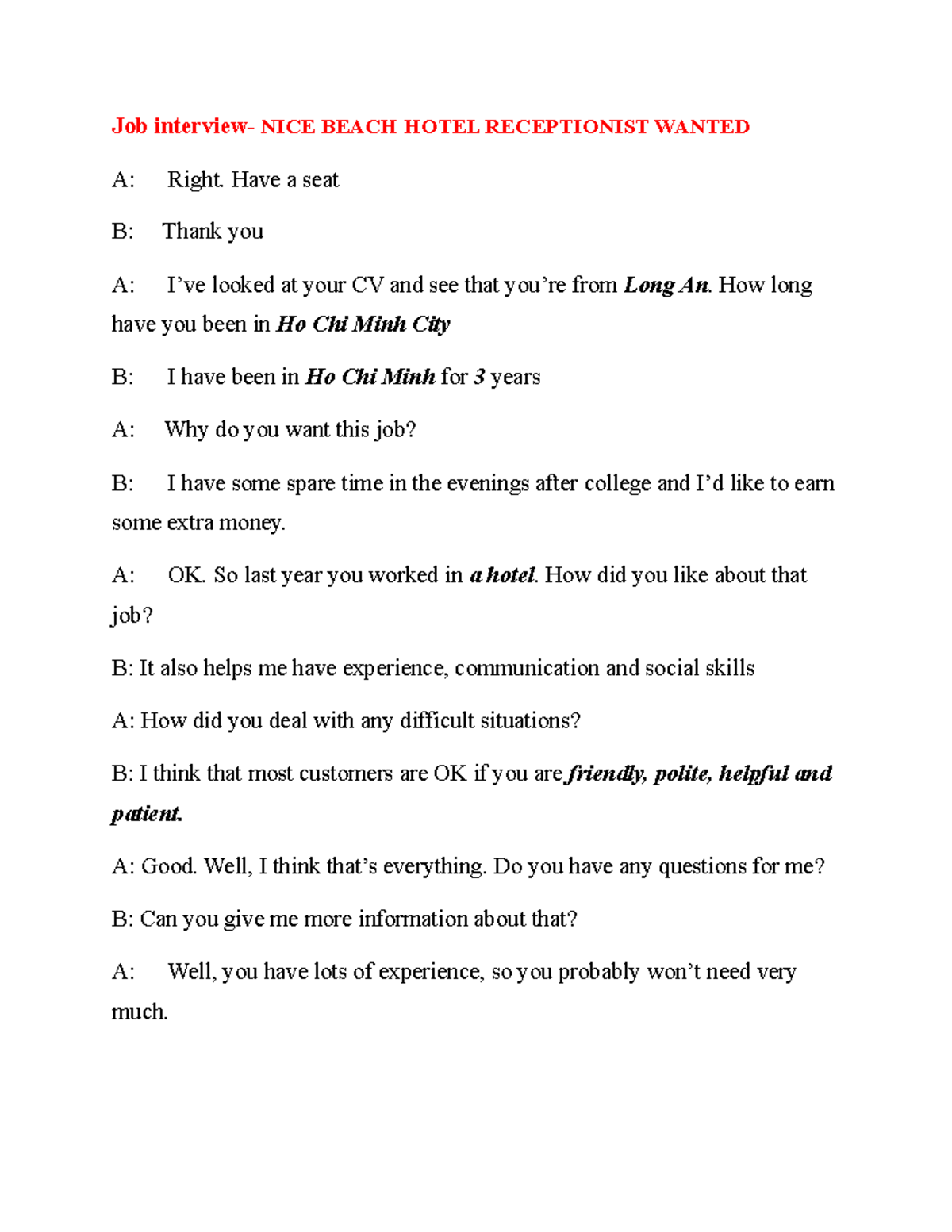 Av2 - TP9OHIP - Job interview- NICE BEACH HOTEL RECEPTIONIST WANTED A ...