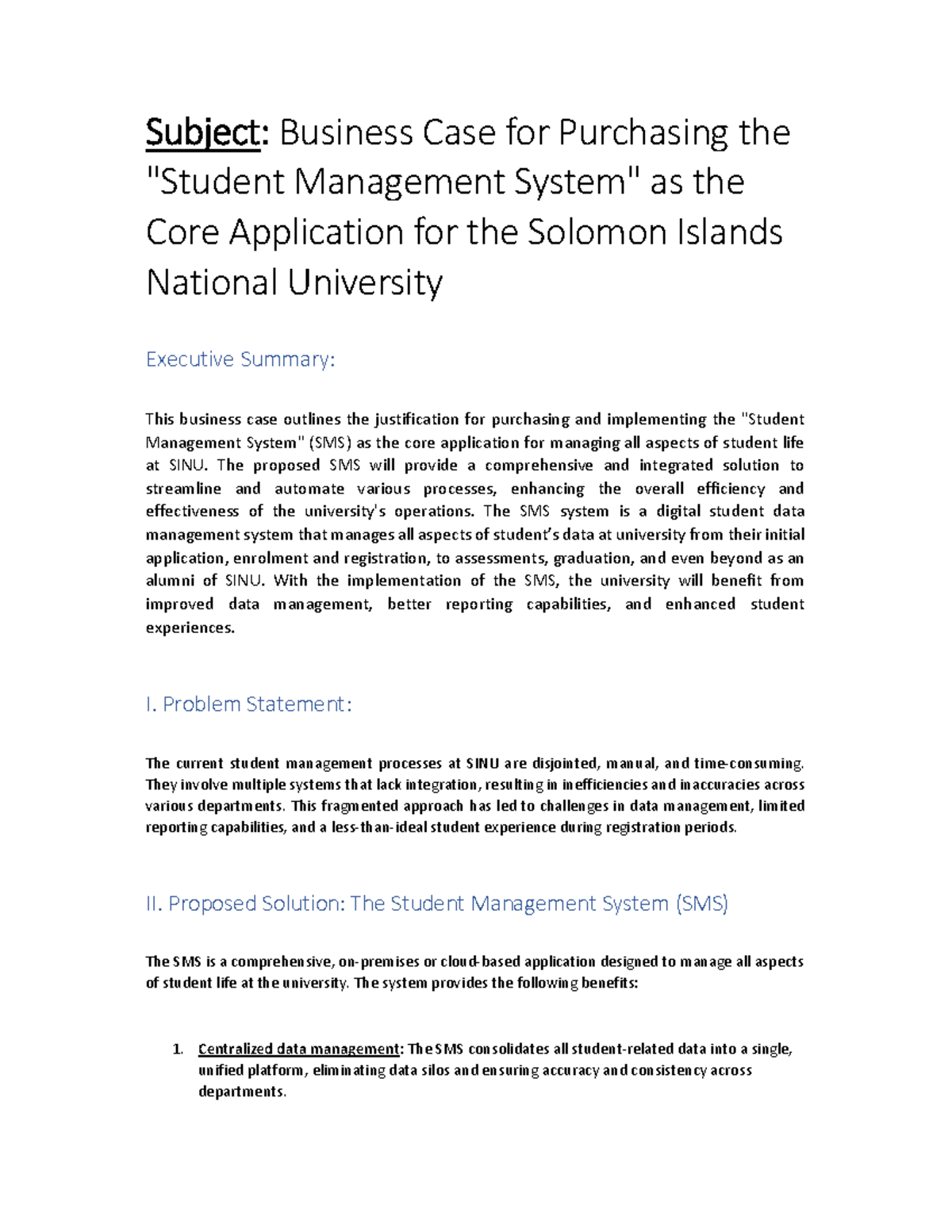 Business Case for Student Management System - Subject: Business Case ...