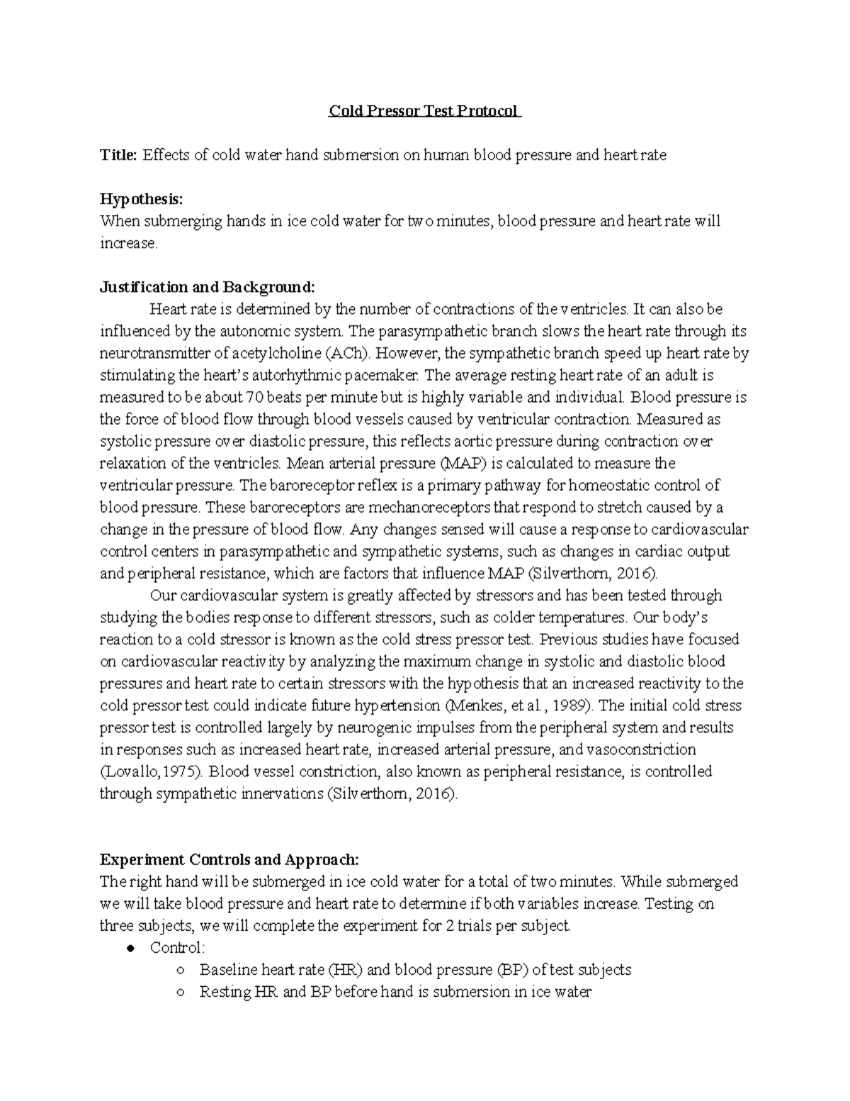 Cold pressor test protocol - Cold Pressor Test Protocol Title: Effects ...