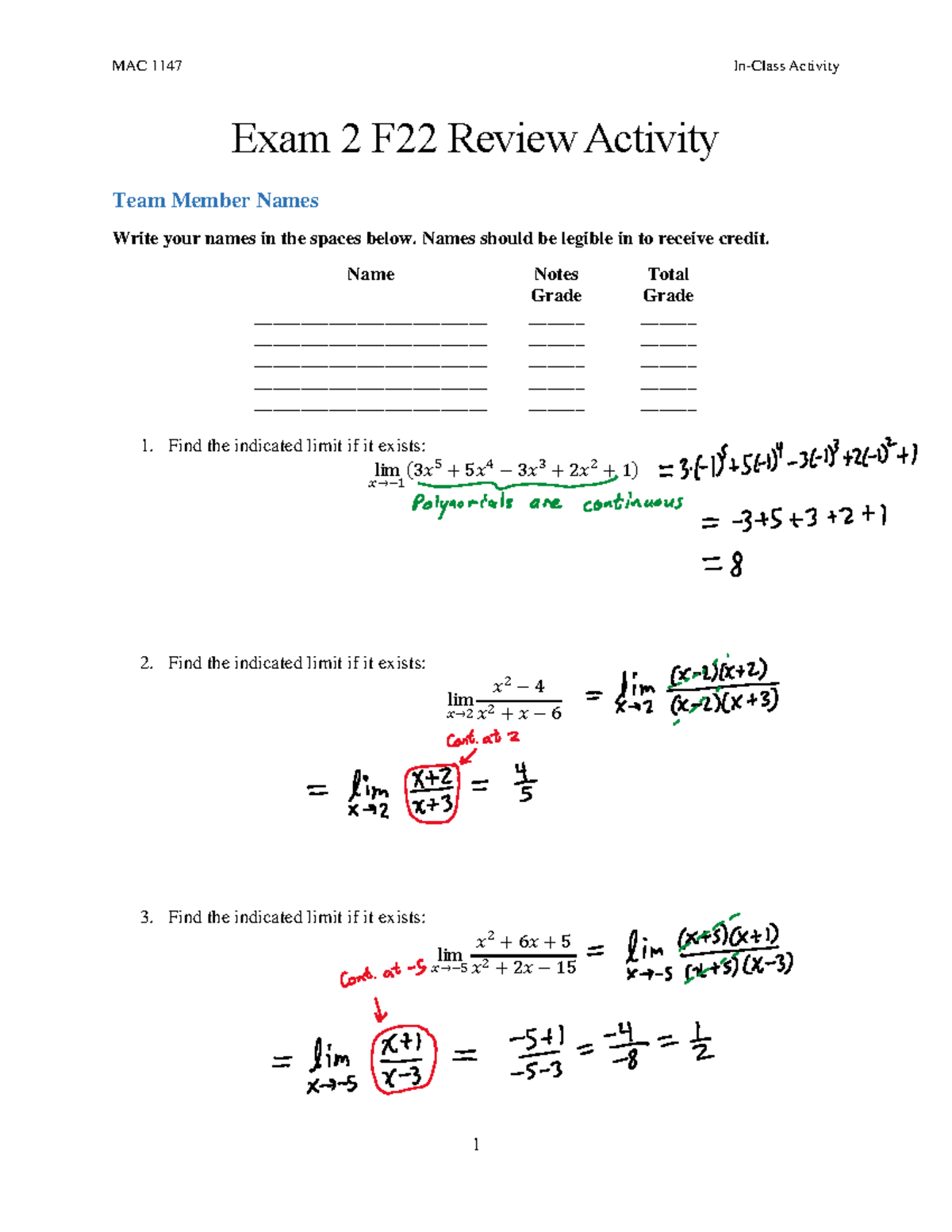 Exam 2 Review (Solutions) - Exam 2 F22 Review Activity Team Member ...