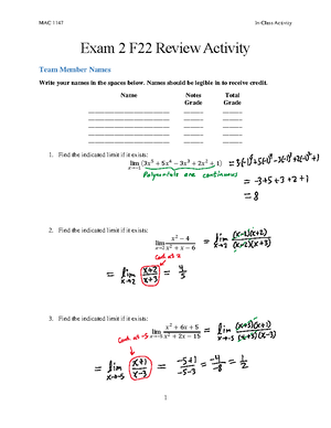 Exam 4 Review Activity (Solutions) - Exam 4 S23 Review Activity Team ...