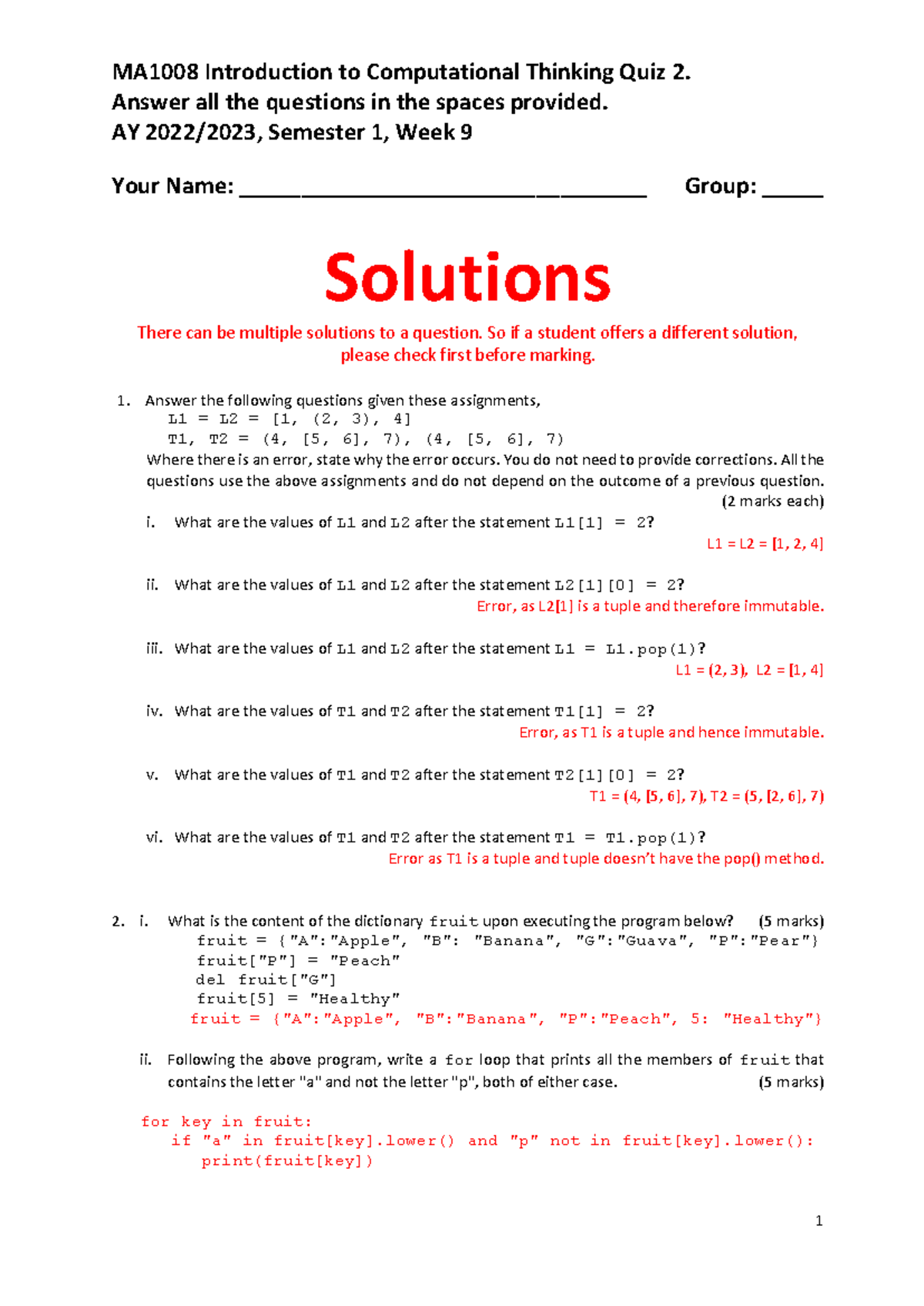 CA3 Solutions - MA1008 Introduction to Computational Thinking Quiz 2. Answer all the questions ...