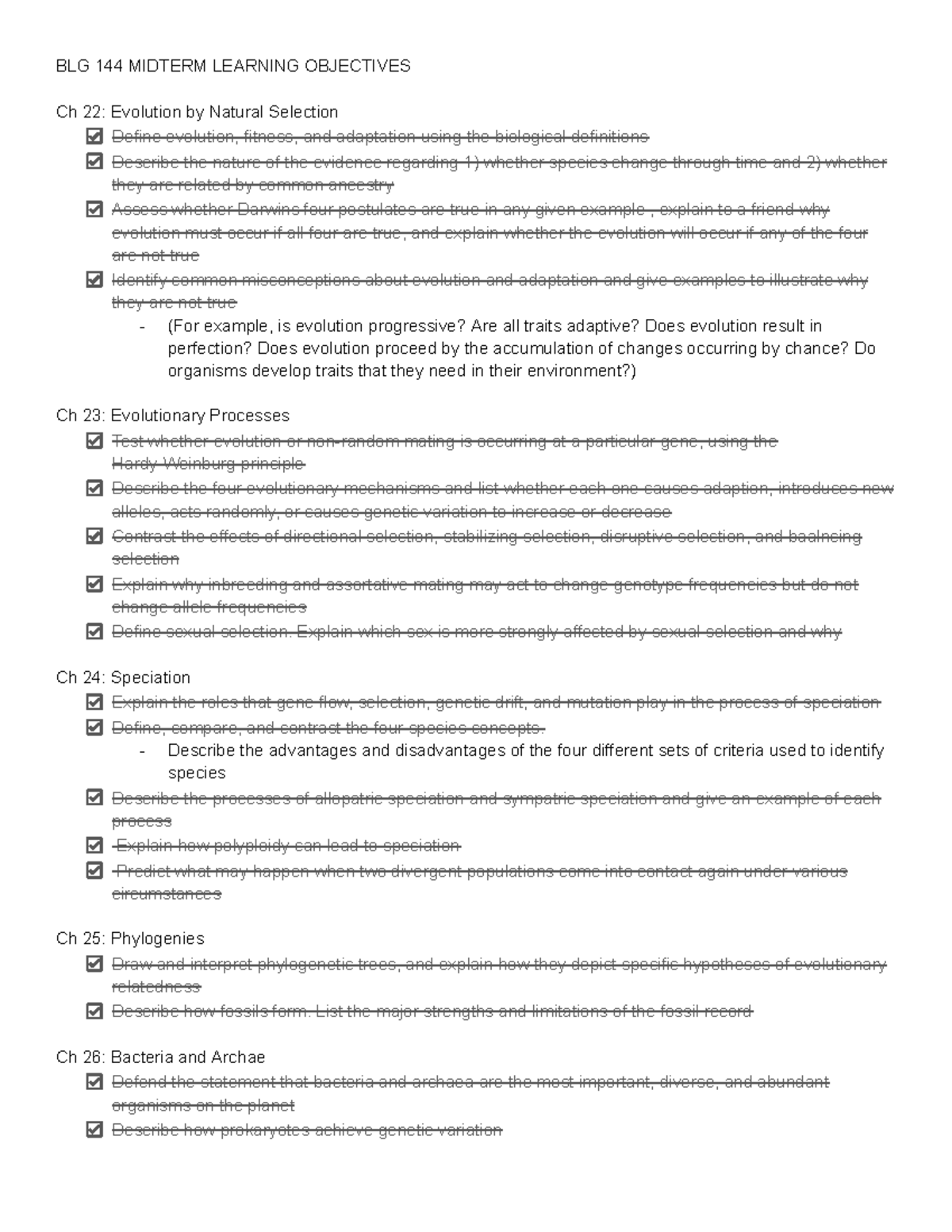 BLG 144 Midterm Learning Objectives - BLG 144 MIDTERM LEARNING OBJECTIVES Ch 22: Evolution by ...