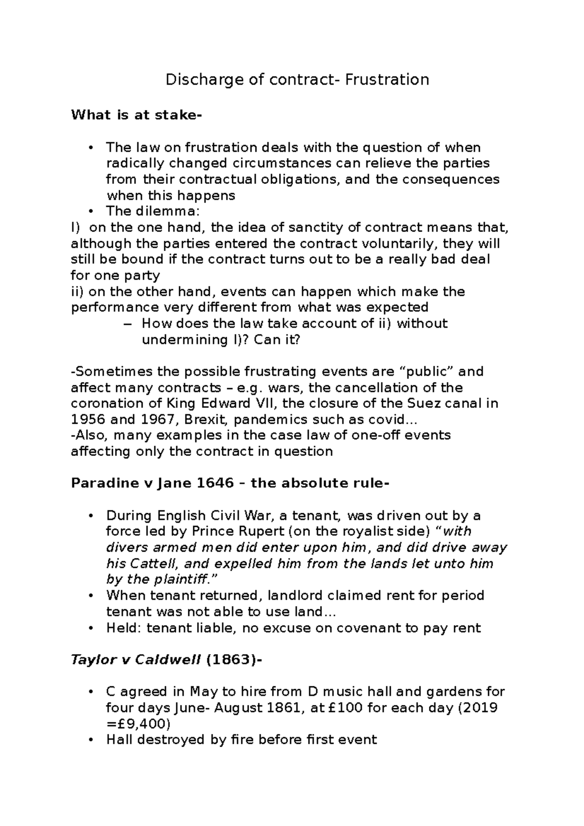 Discharge of contract- Frustration - wars, the cancellation of the ...