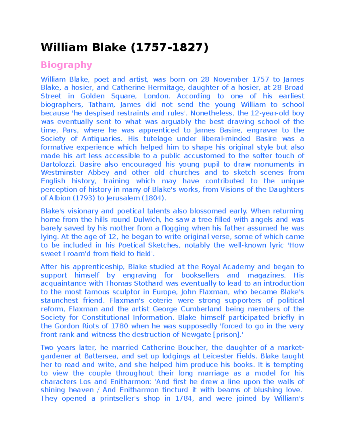 Lit Inglesa II - 1. William Blake - Biography and Analysis - William ...