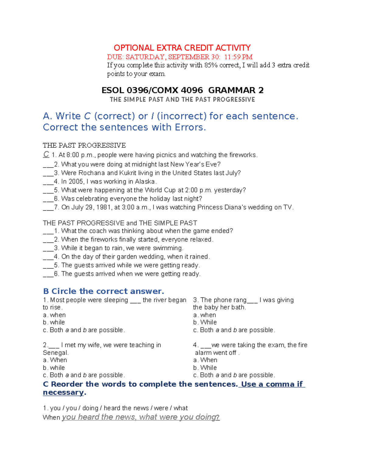 Optional Extra Credit Activity - OPTIONAL EXTRA CREDIT ACTIVITY DUE ...