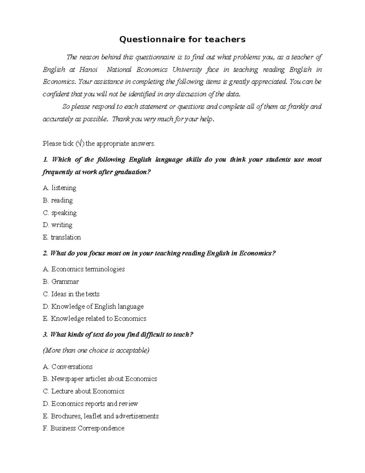 Questionnaire Sample 5 for teachers - Questionnaire for teachers The ...