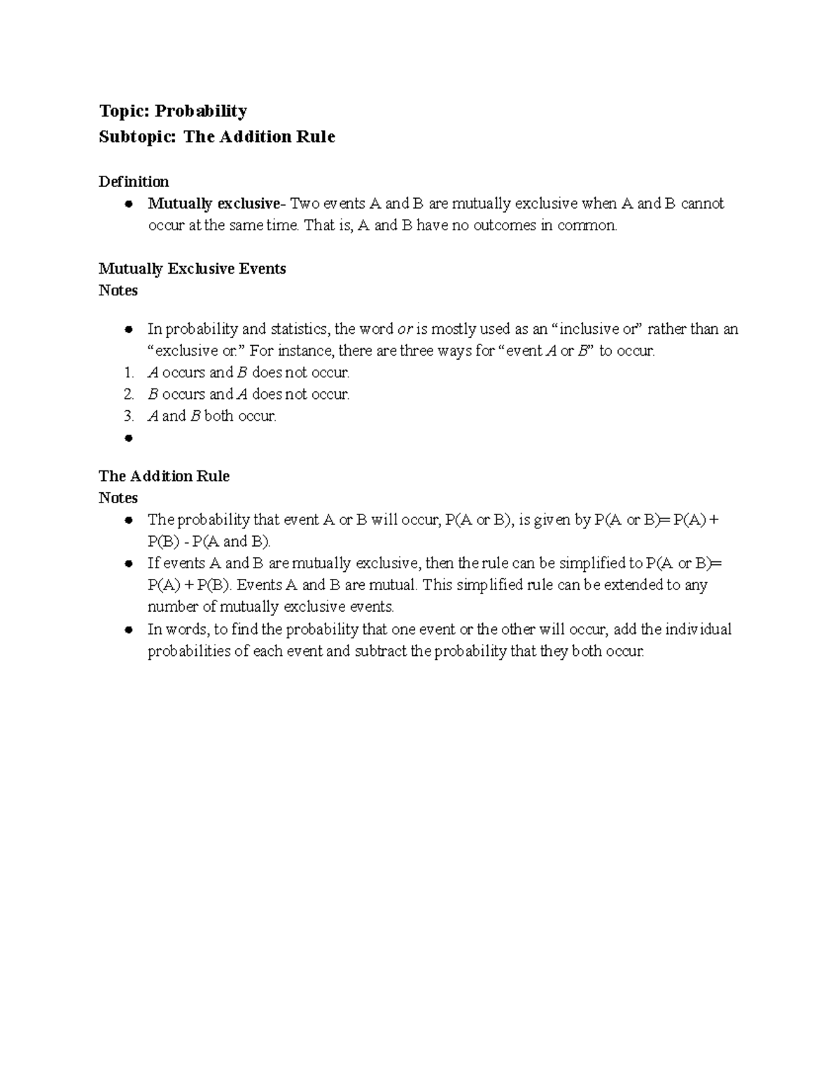The Addition Rule 3.3 Notes - Topic: Probability Subtopic: The Addition ...