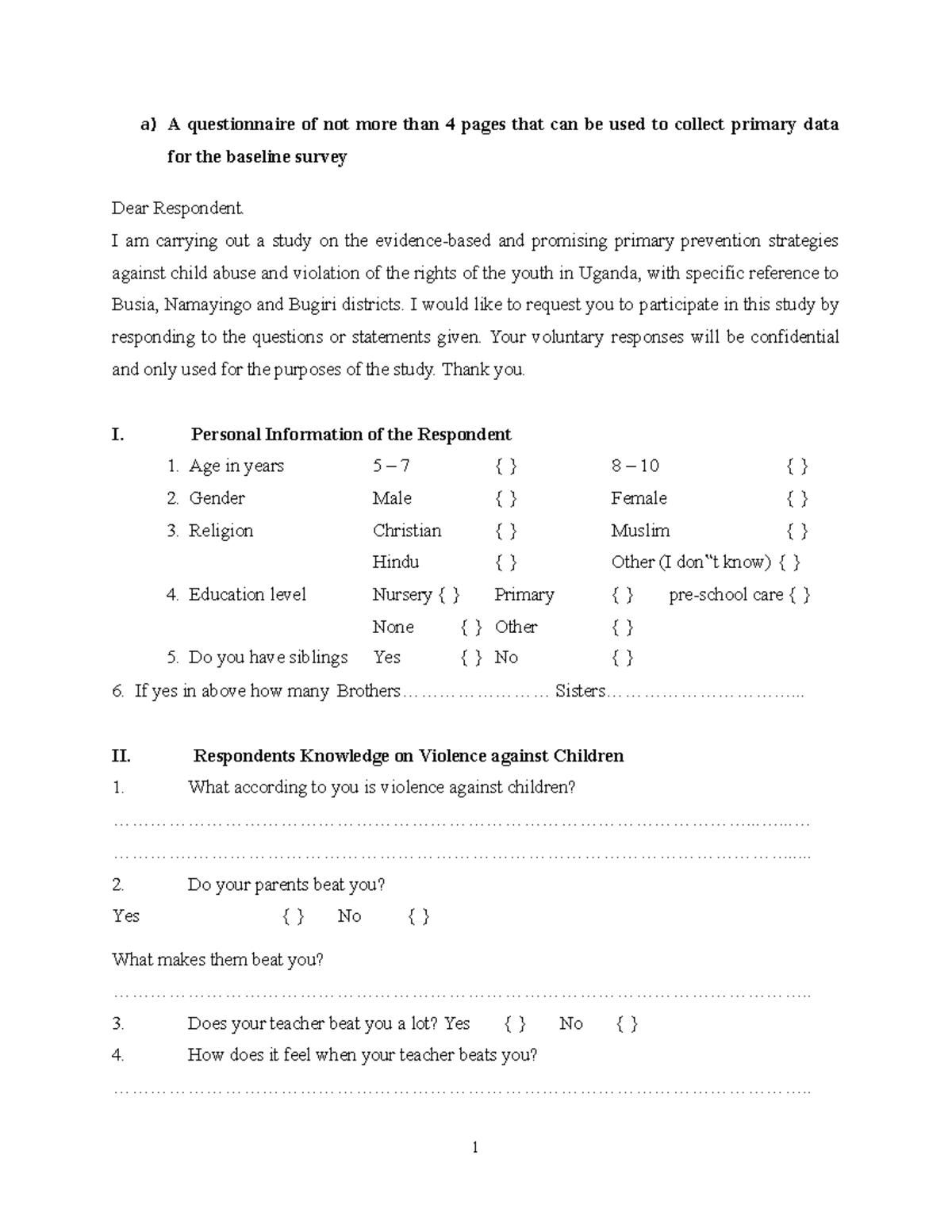Baseline Survey WORK - Susan - a) A questionnaire of not more than 4 ...