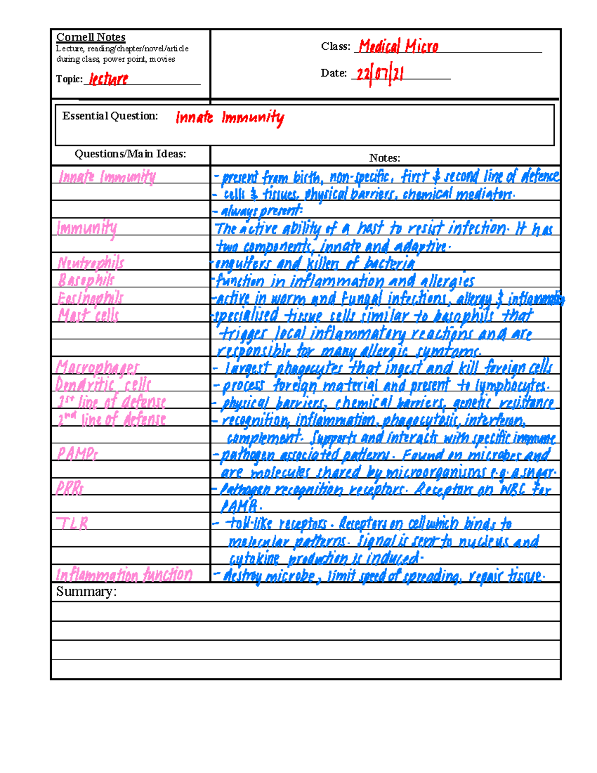 Lecture 1 Cornell Notes - Cornell Notes Lecture, reading/chapter/novel ...