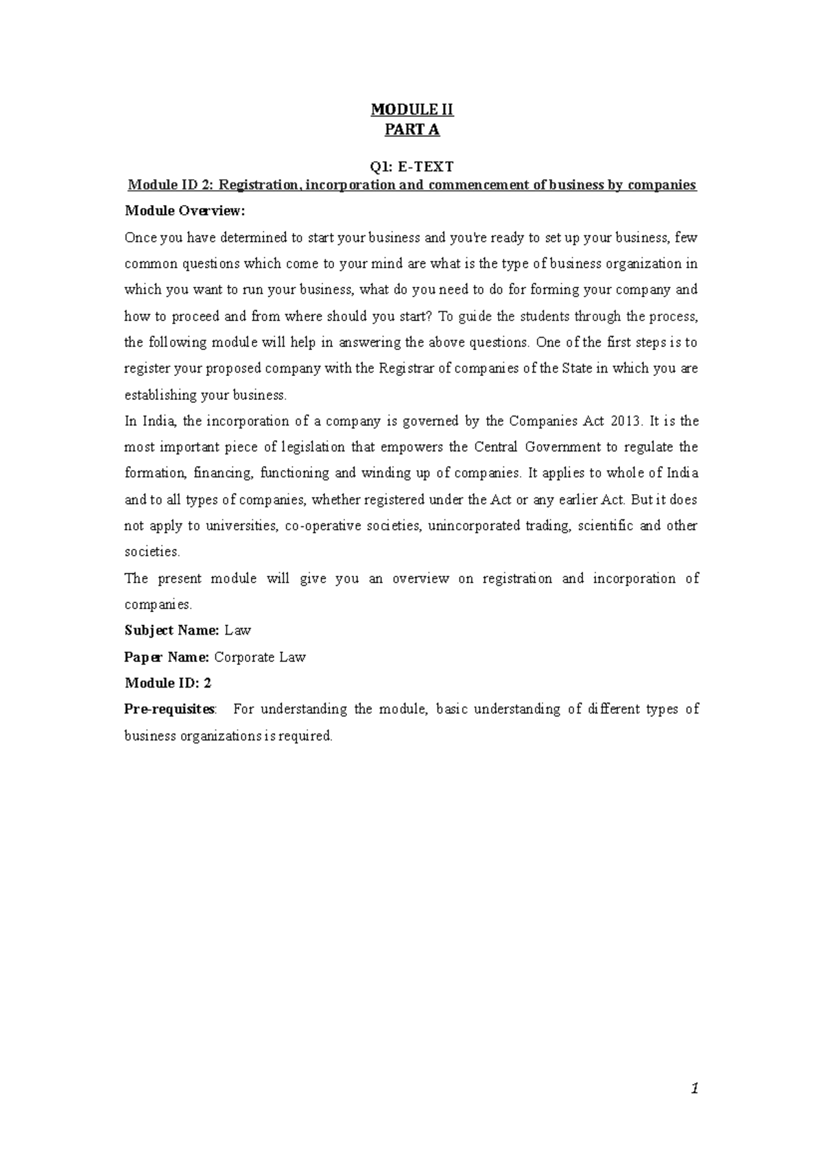 Module 2 Full - Registration, incorporation and commencement of ...