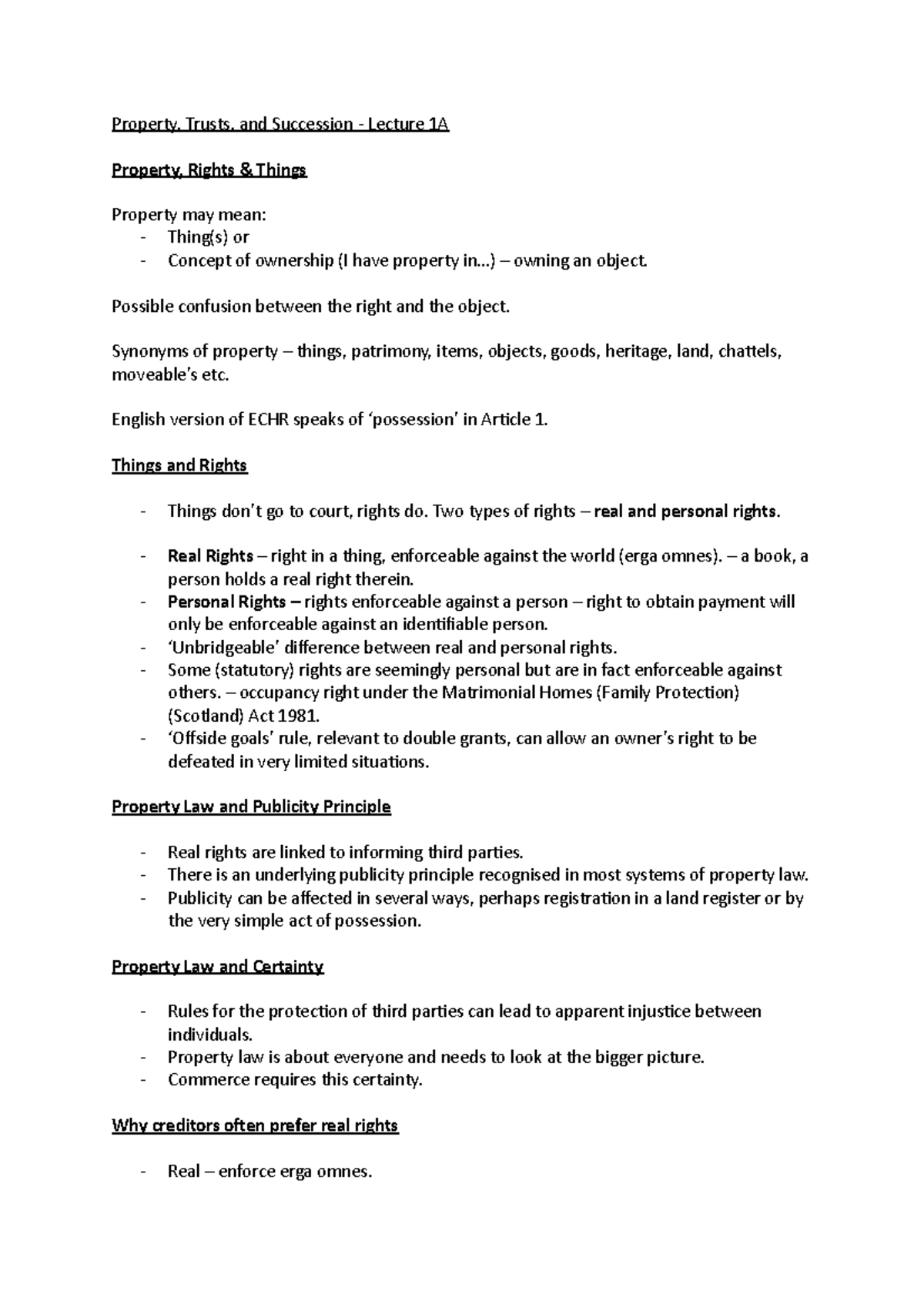 Week 1 - Rights, Things and Possession - Property, Trusts, and ...