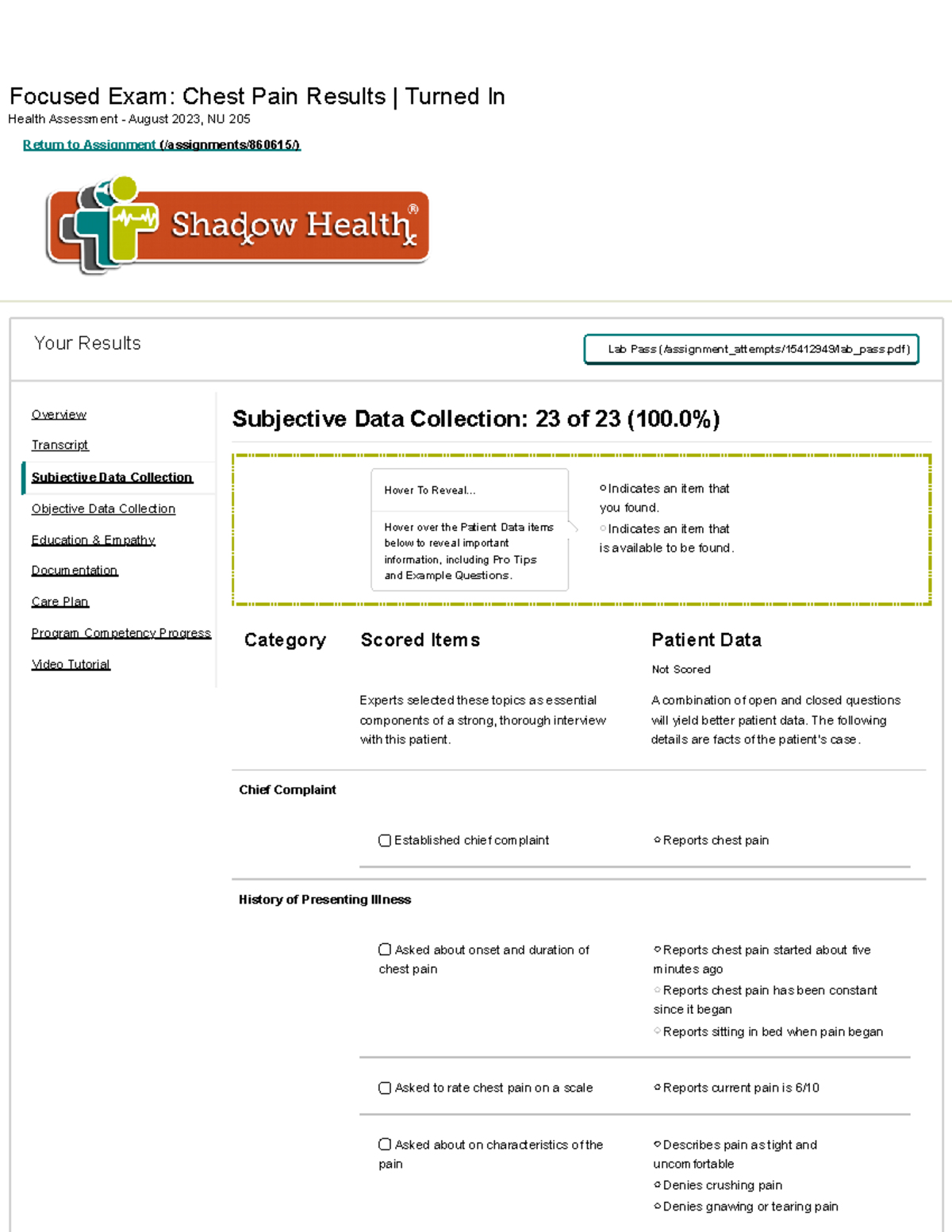 Shadow Health Focussed Exam Chest Pain Subjective - Focused Exam: Chest ...
