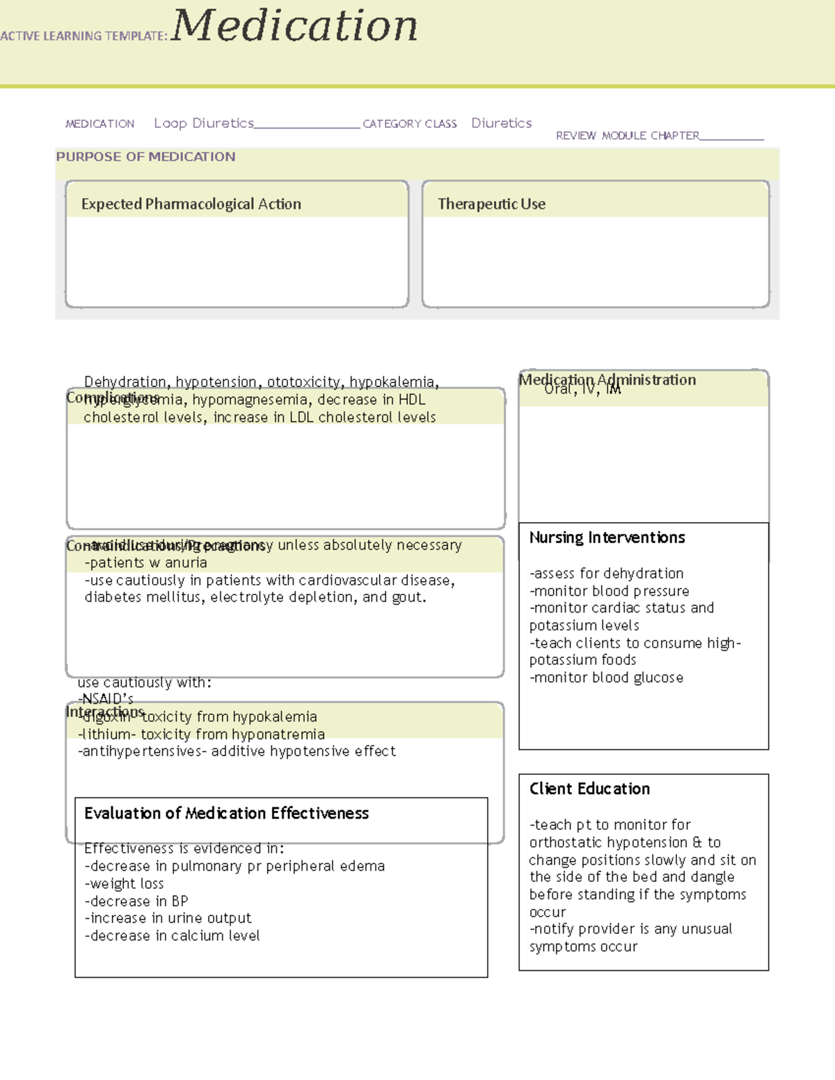 Pharm loop diuretics - ACTIVE LEARNING TEMPLATE: Medication MEDICATION ...