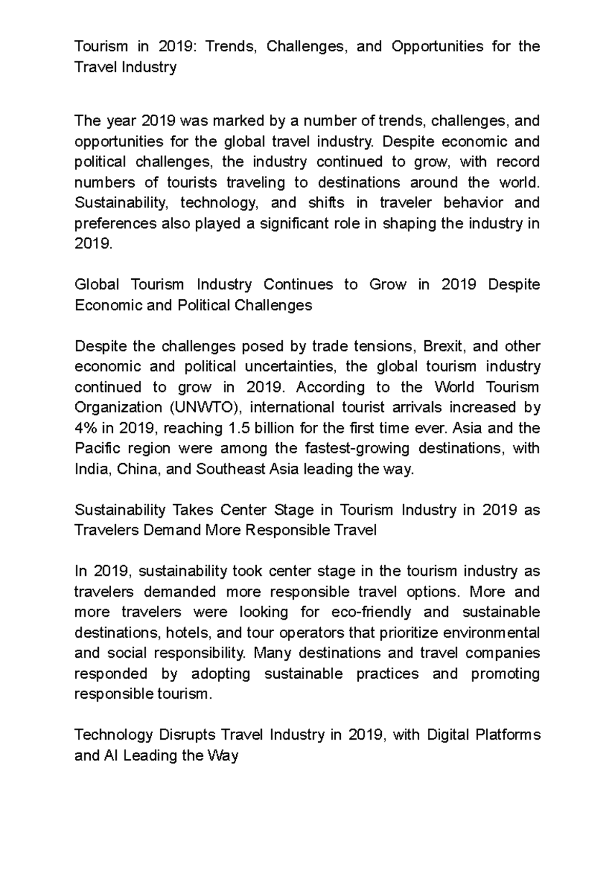 Tourism in 2019 Trends, Challenges, and Opportunities for the Travel ...