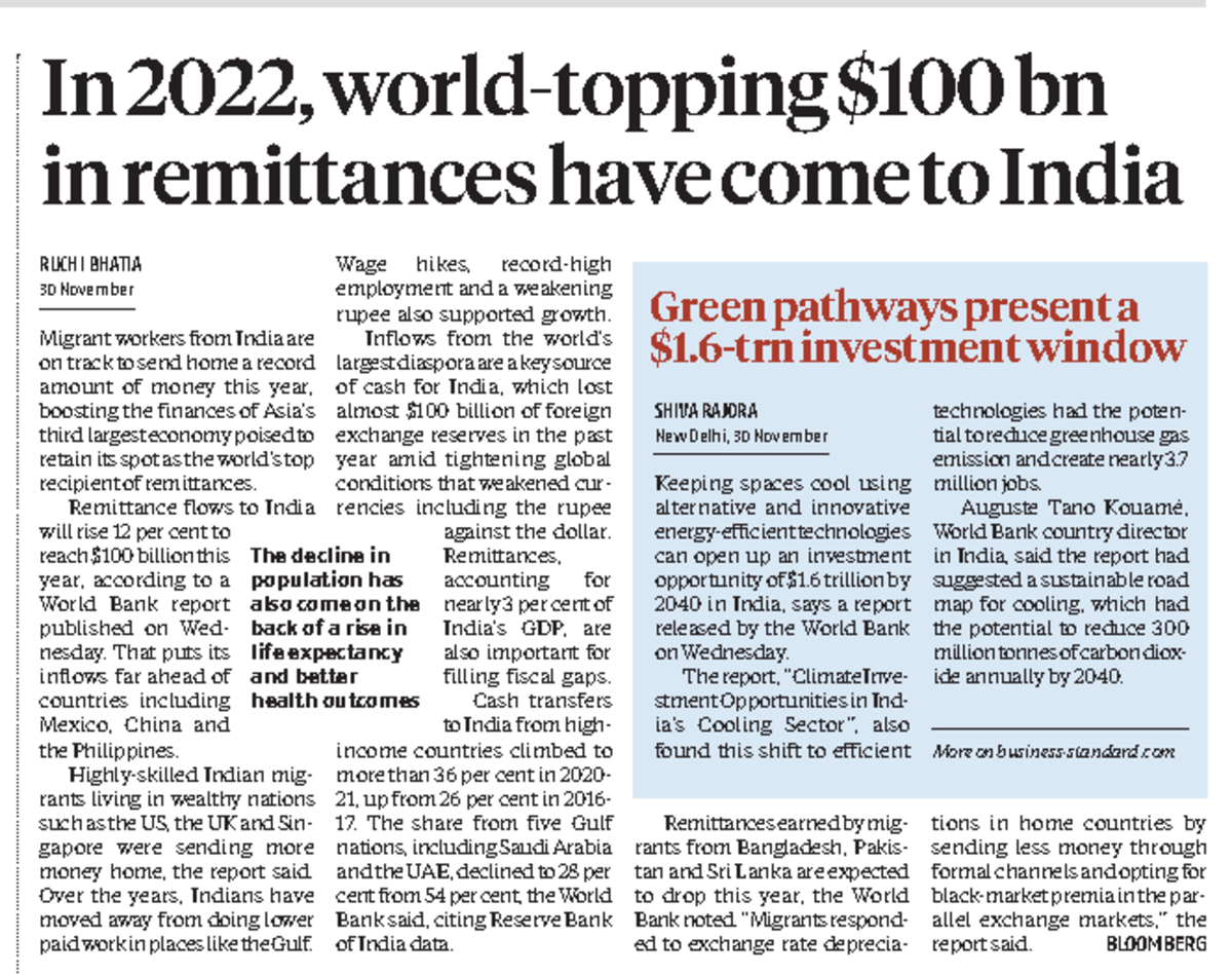 $100 bn remittances India acc to WB report - RUCHI BHATIA 30 November ...