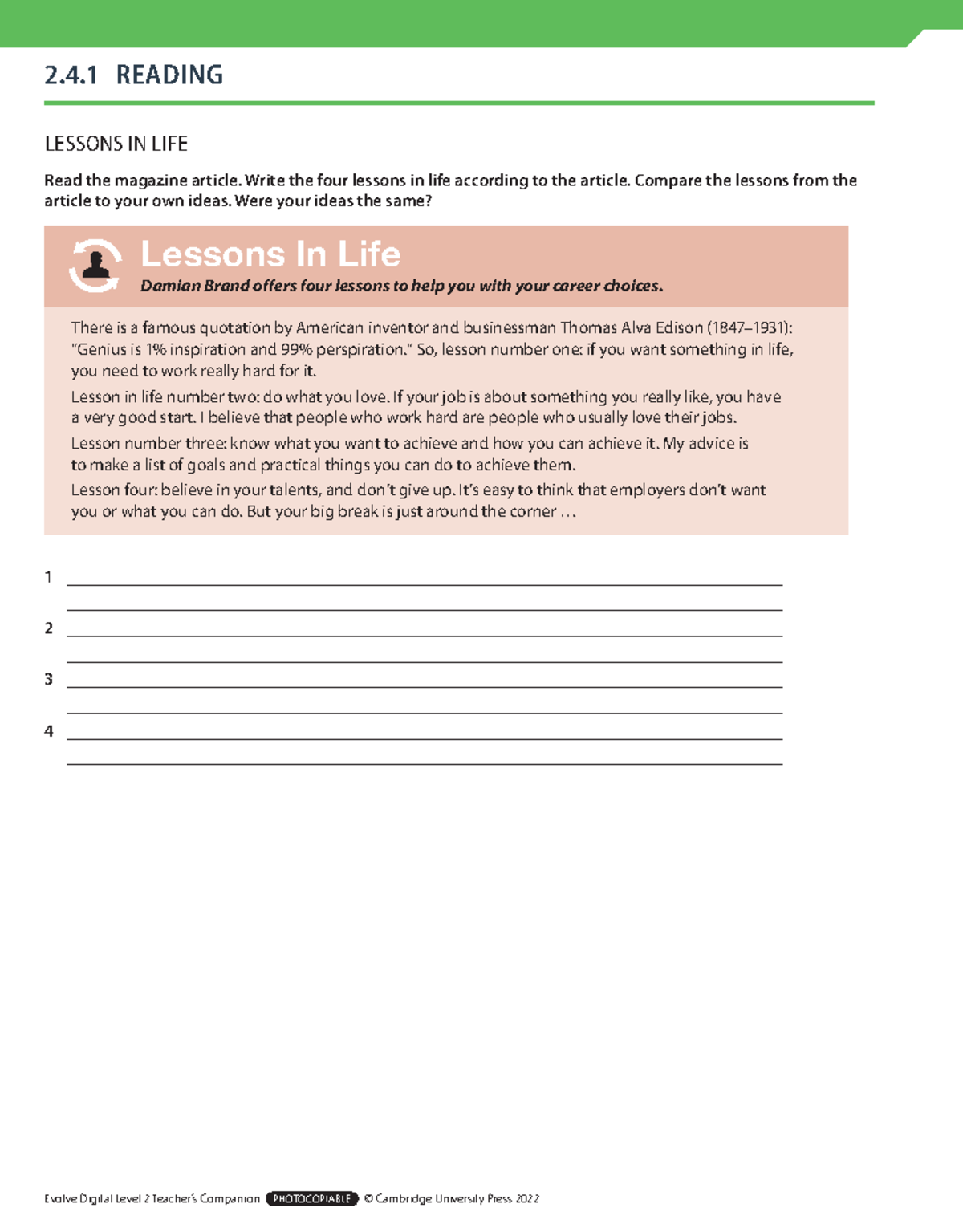 Worksheet Reading E2 UNIT 2.pdf - LESSONS IN LIFE Read the magazine ...