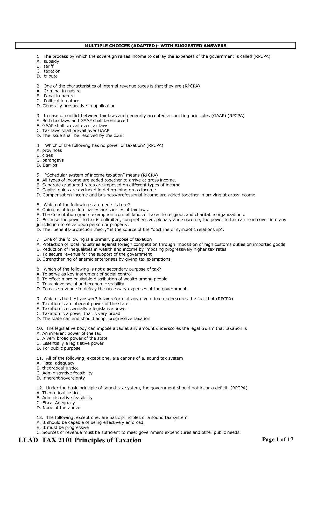 Principles of Taxation - subsidy B. tariff C. taxation D. tribute One ...