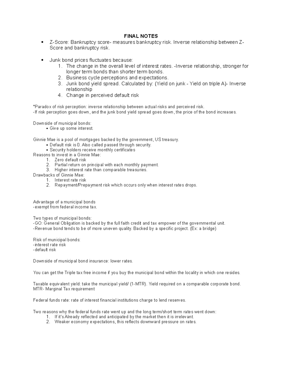POI lecture notes - FINAL NOTES Z-Score: Bankruptcy score- measures ...