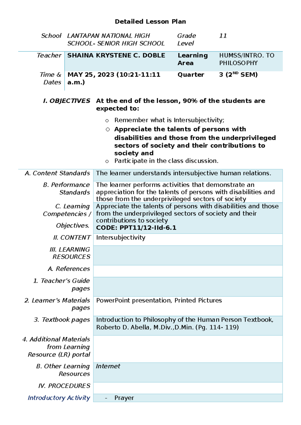 DLP Final - Lesson Plan - Detailed Lesson Plan School LANTAPAN NATIONAL ...