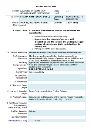 Intro. TO Philo DLP - Lesson Plan - Detailed Lesson Plan School LANTAPAN SENIOR HIGH SCHOOL ...