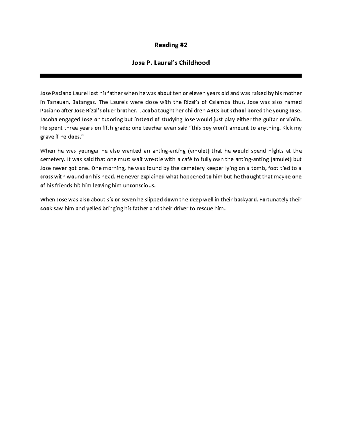 Reading #2 - Jose P. Laurel’s Childhood - Reading Jose P. Laurel’s ...
