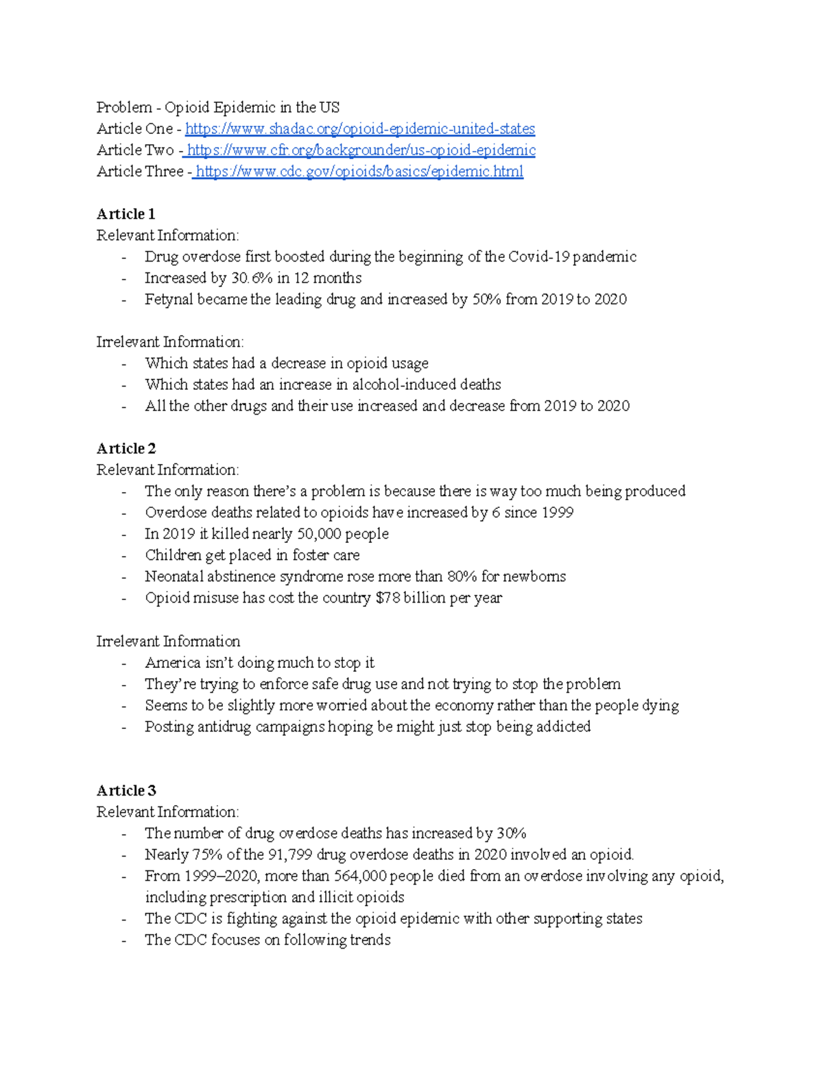 Critical Thinking Activity 10 19 - Problem - Opioid Epidemic in the US ...